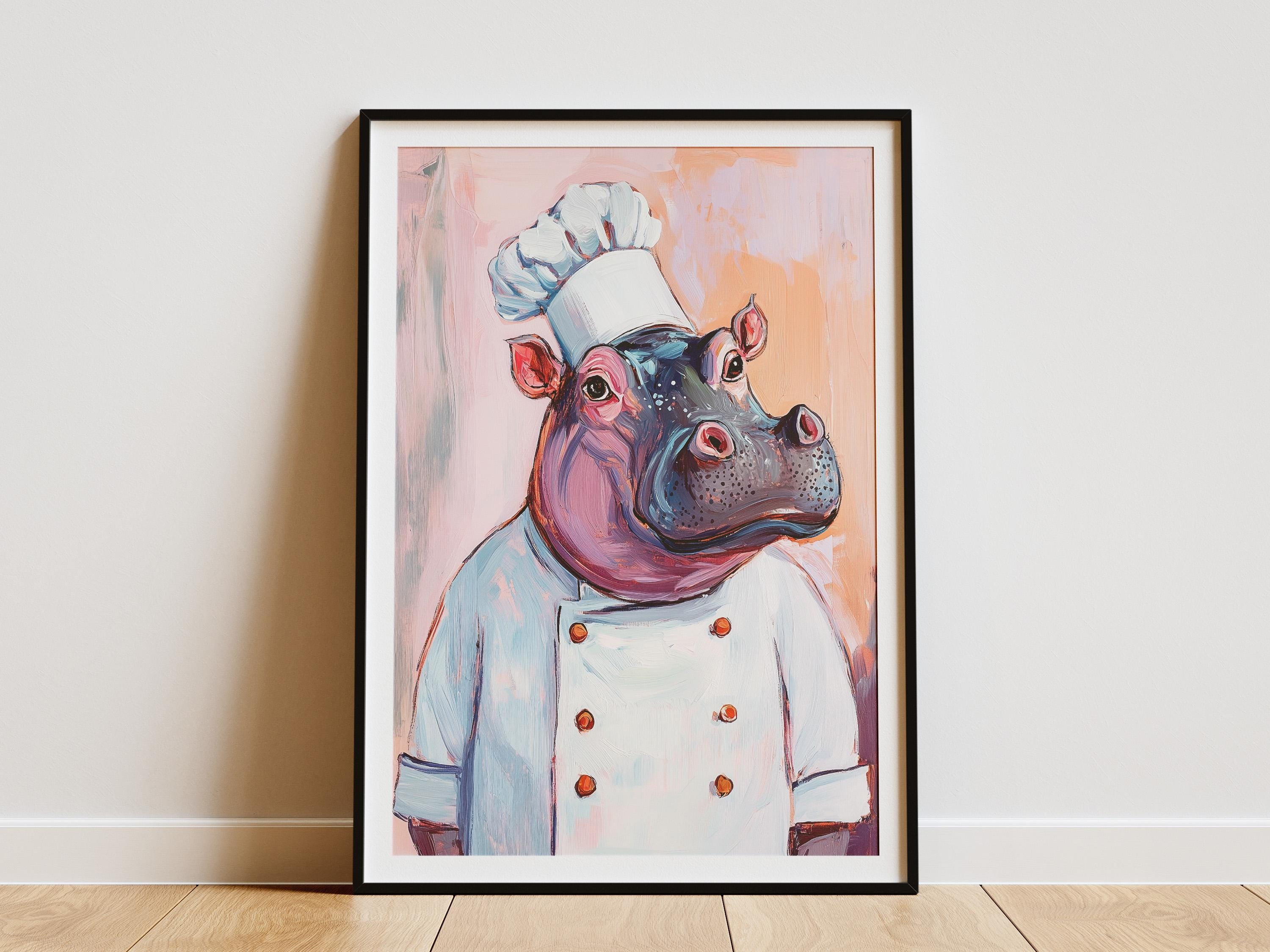 Hippo Chef Art Print Kitchen Decor Animal Art Funny Hippo Poster ...