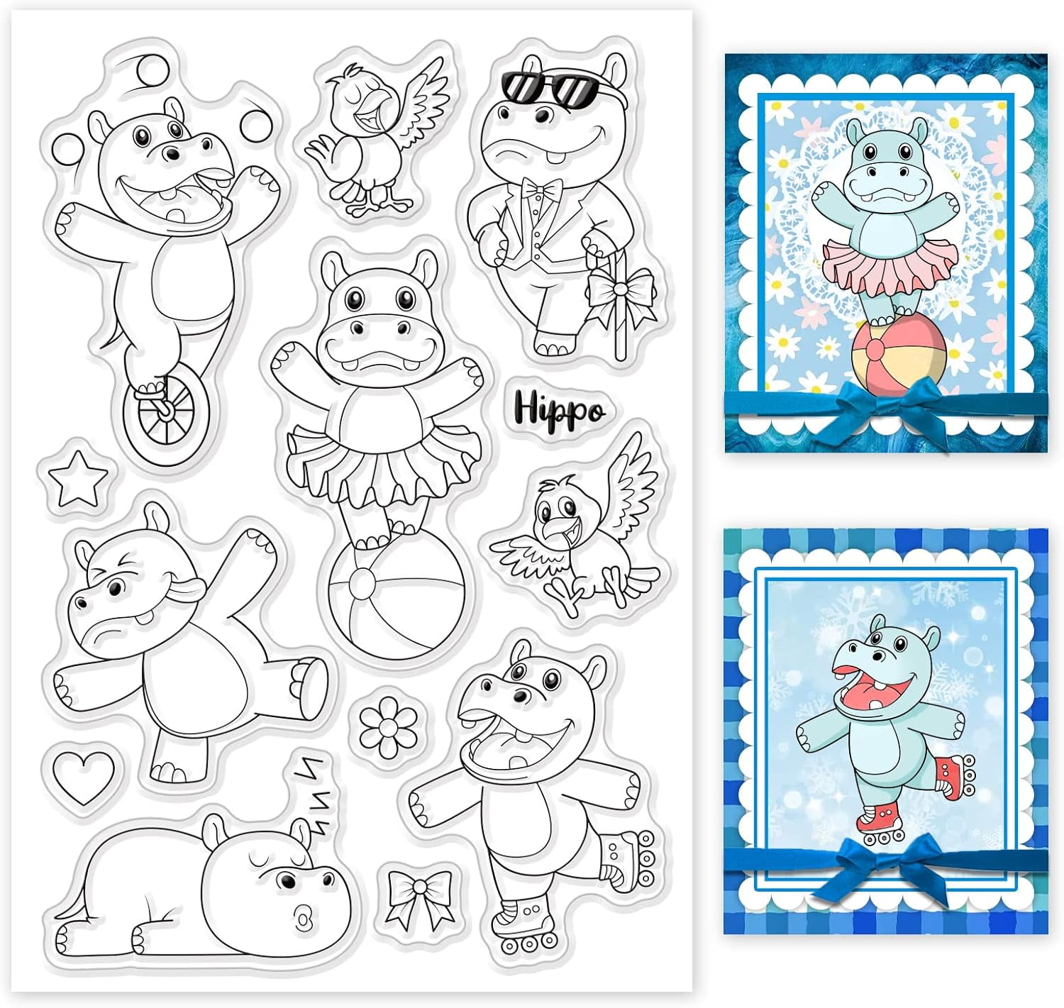 Hippo Clear Stamps Lovely Hippo Silicone Stamps Bird Bowknot Rubber ...