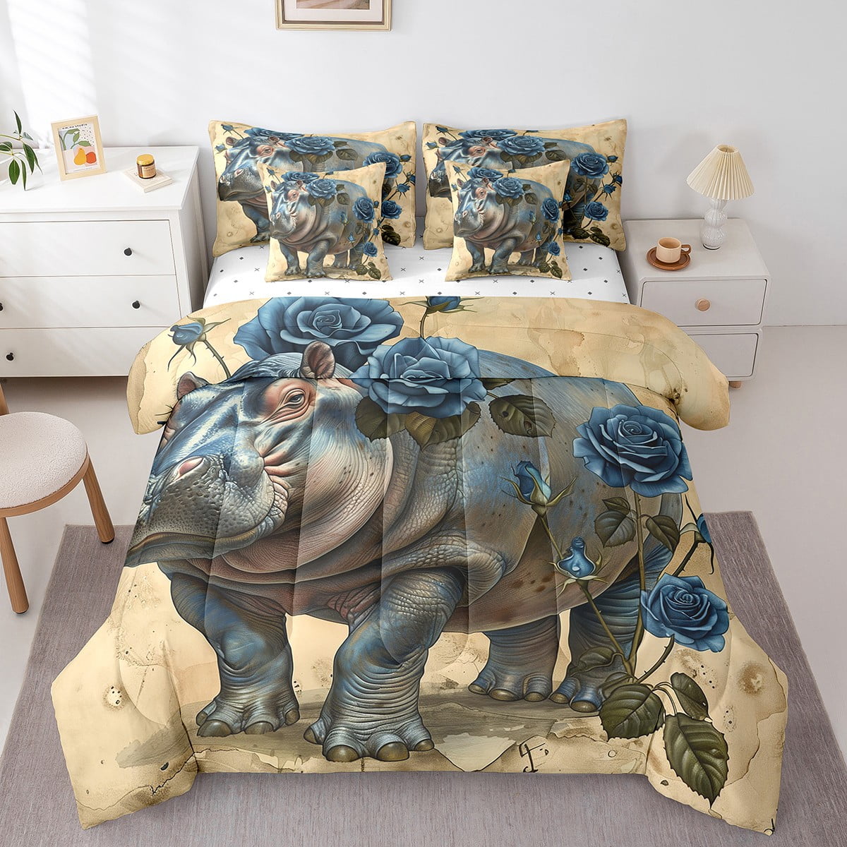 Hippo Comforter Set 7 Piece Bed in a Bag Twin,Blue Rose Bedding Sets ...