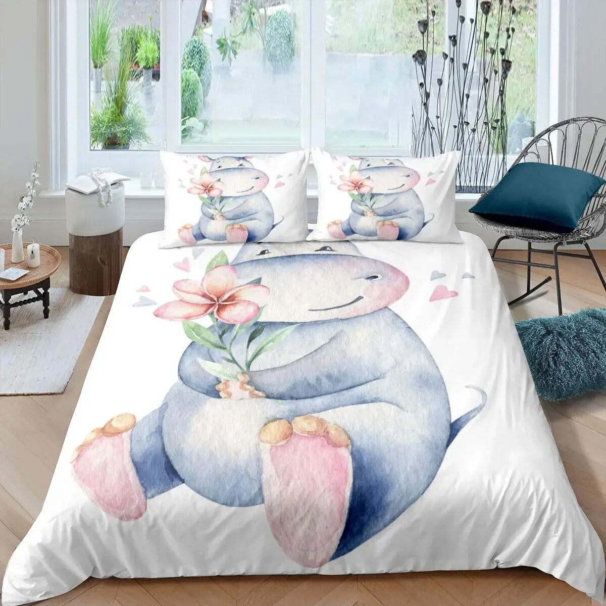 Hippo Duvet Cover Set King Size Cartoon Hippo Holding Pink Flower ...