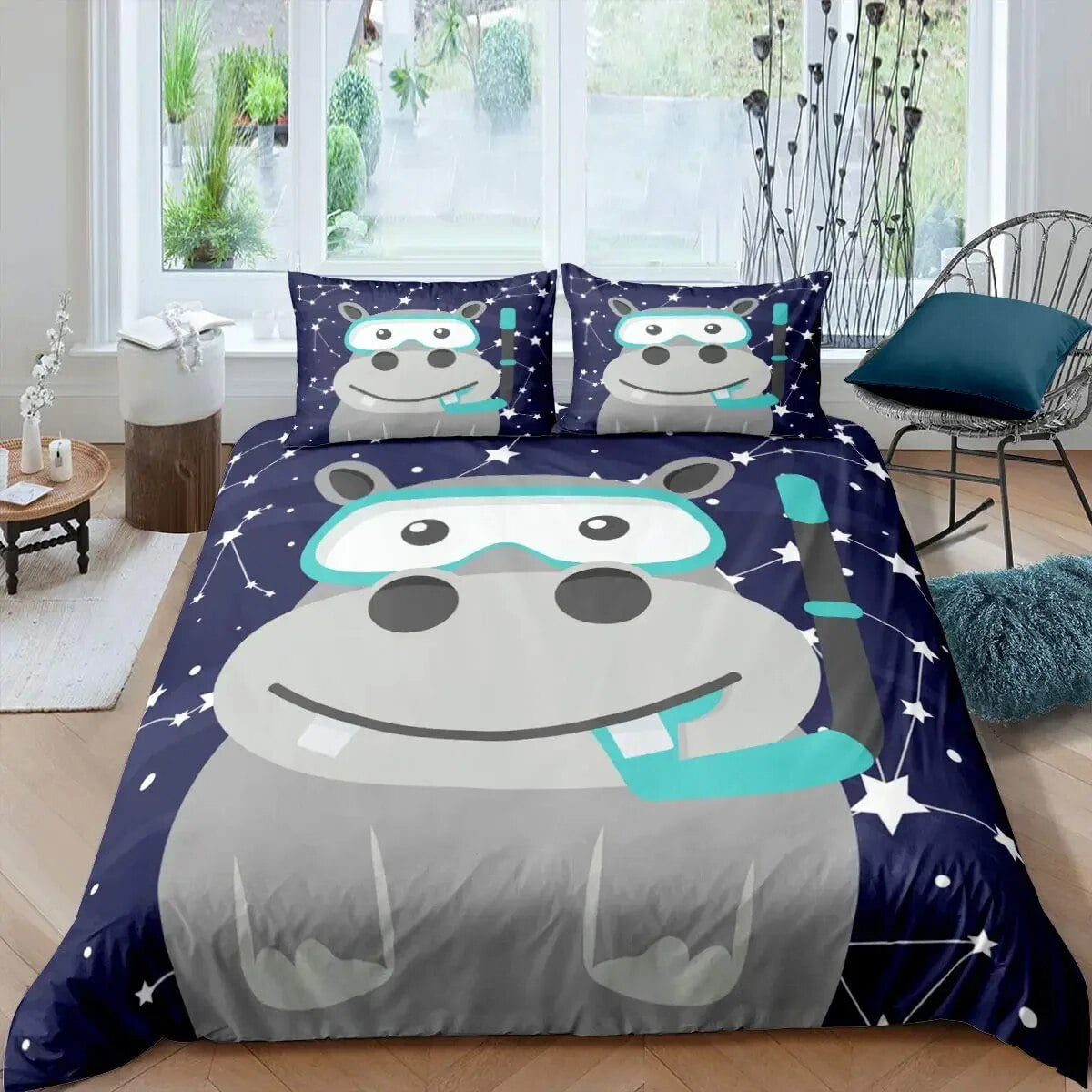 Hippo Duvet Cover Set King Size Cartoon Hippo Holding Pink Flower ...