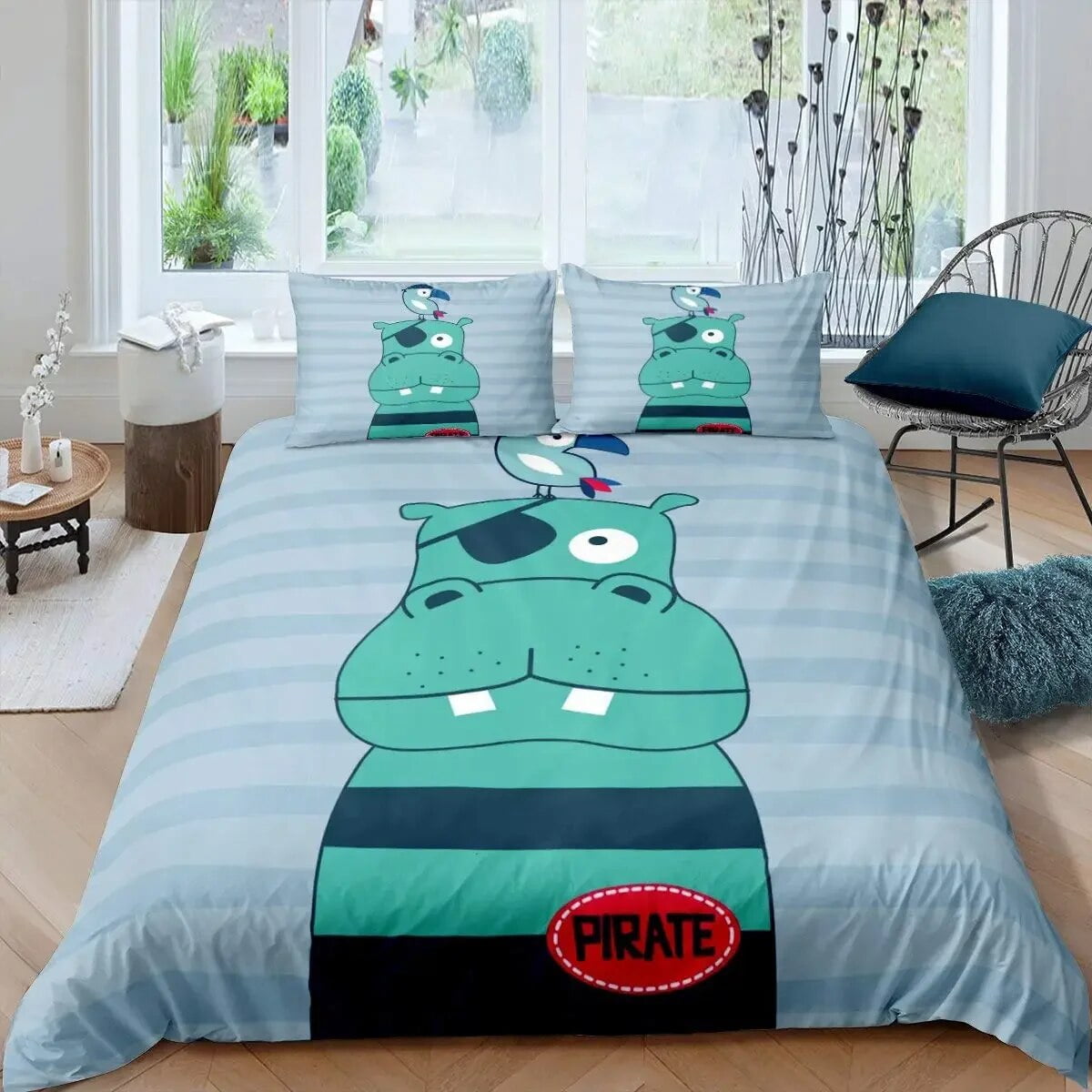 Hippo Duvet Cover Set King Size Cartoon Hippo Holding Pink Flower ...