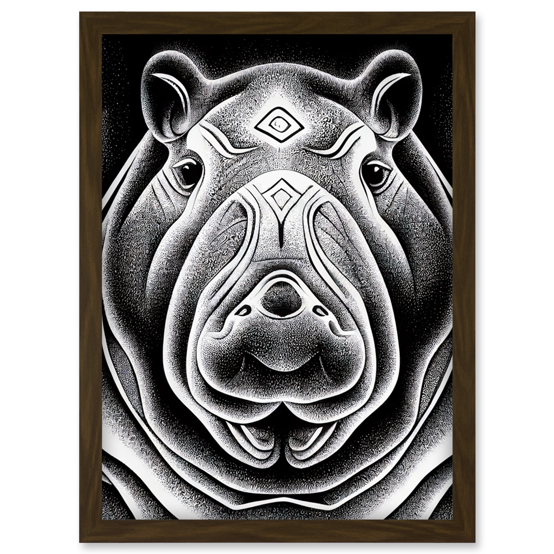 Hippo Face Symmetric Illustration In Black And White Tribal Style ...