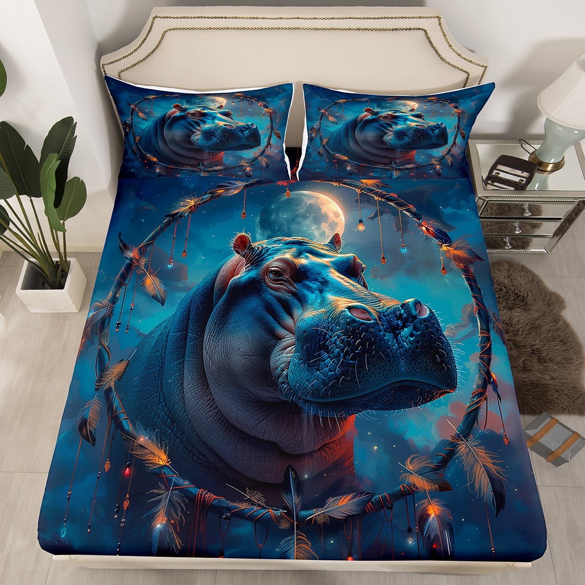Hippo Fitted Sheet Dreamcatcher Bed Sheets Full,Galaxy Moon Sheets ...
