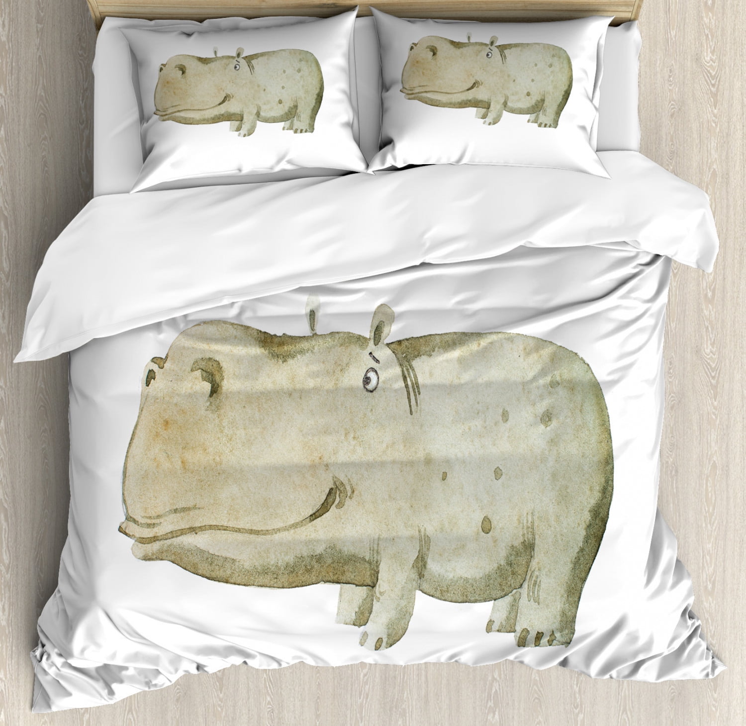 Hippo King Size Duvet Cover Set, Watercolor Style Illustration of Hand ...