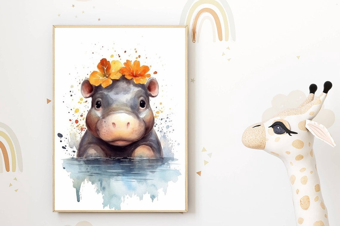 Hippo Poster For Baby'S Room Watercolor Cute Hippo Picture For Children ...