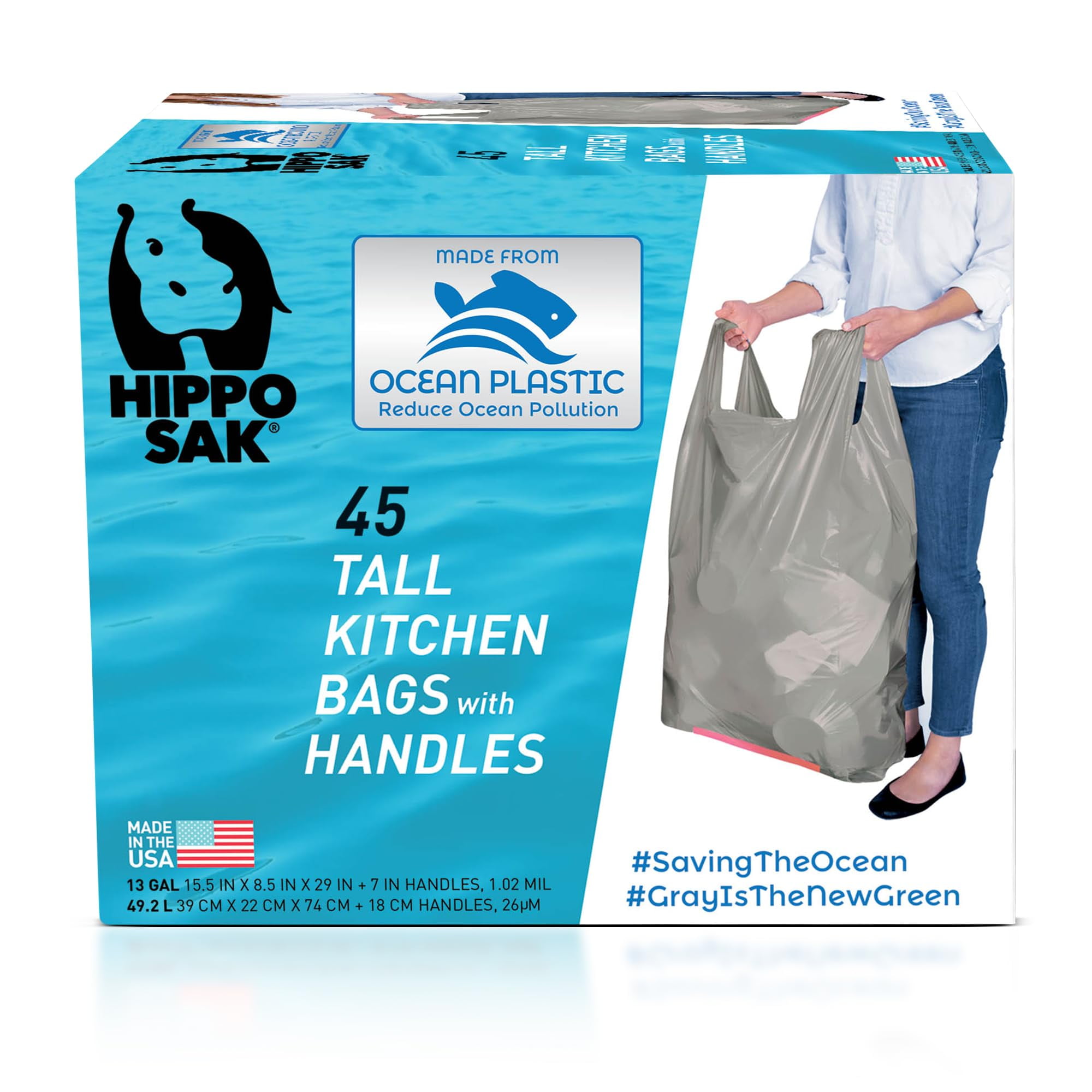 Hippo Sak - Tall AIF9 Kitchen Garbage Bags with Ergonomic Handles - 13 ...