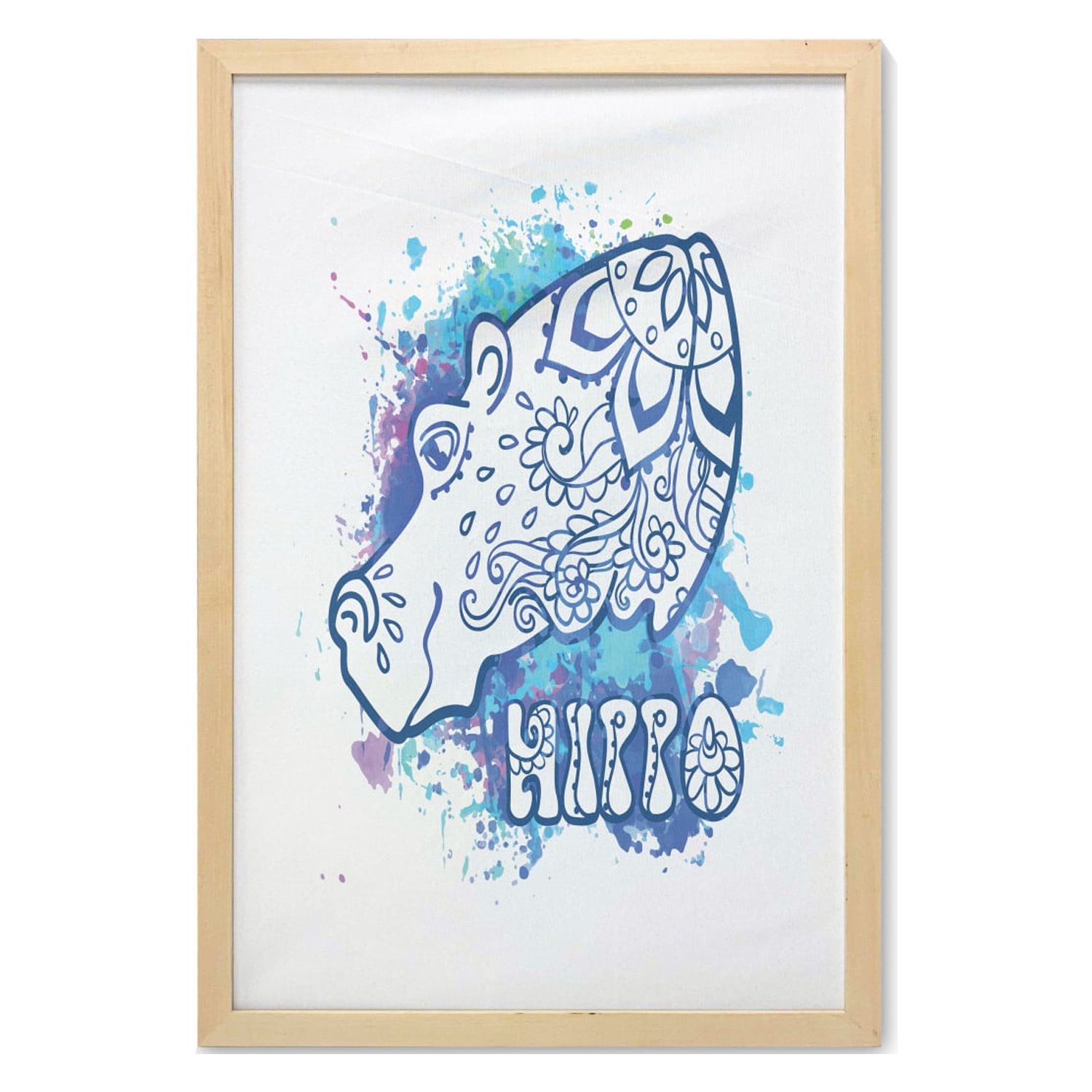 Hippo Wall Art with Frame, Bohemian Hippie Style Word and Hippo Head ...