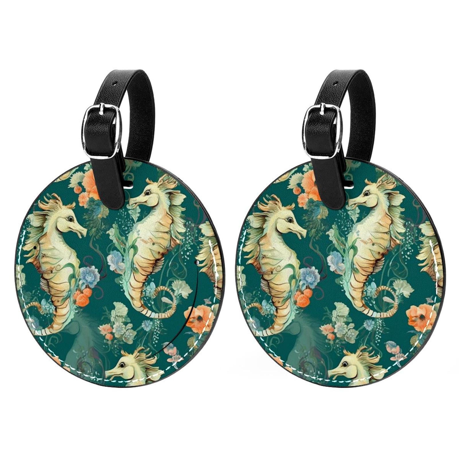 Hippocampus 2Pcs PU Leather Round Luggage Tags with Privacy Cover and ...