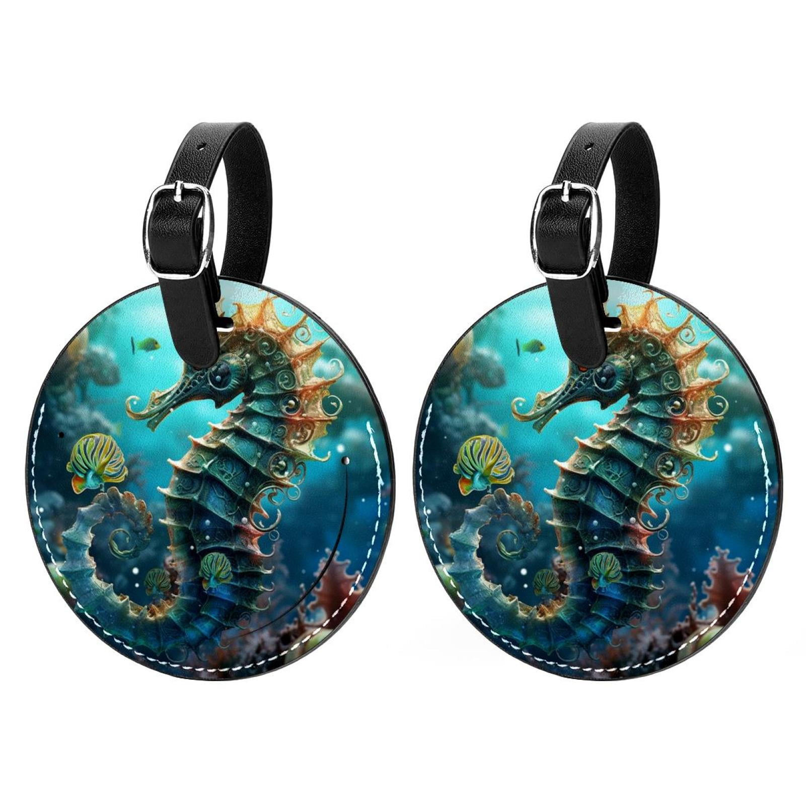 Hippocampus 2pcs PU Leather Round Bag Tags with Privacy Cover and Name ...