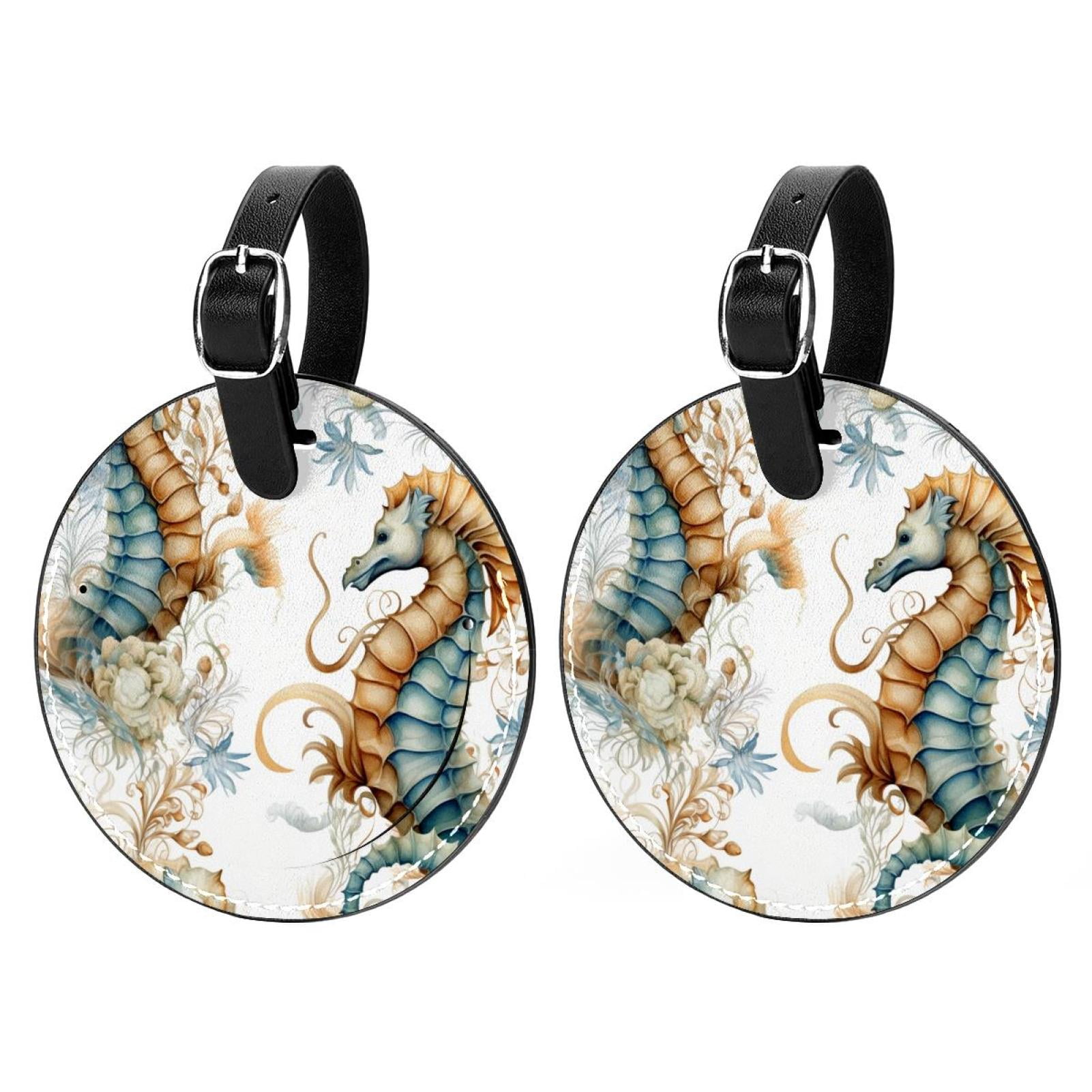 Hippocampus 2pcs PU Leather Round Bag Tags with Privacy Cover and Name ...