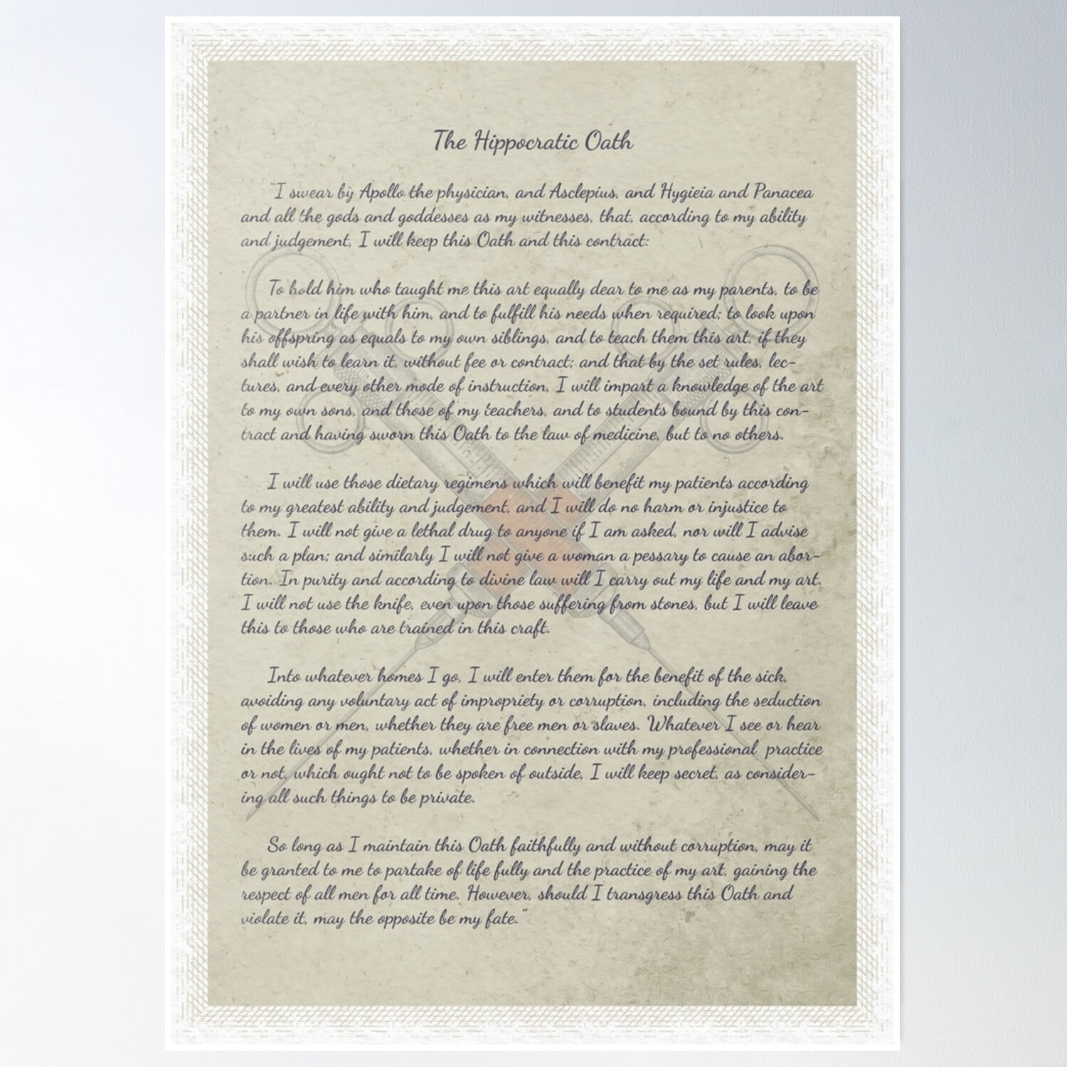 Hippocratic Oath, Code Of Medical Ethics Paper Vintage Poster Wall Art ...