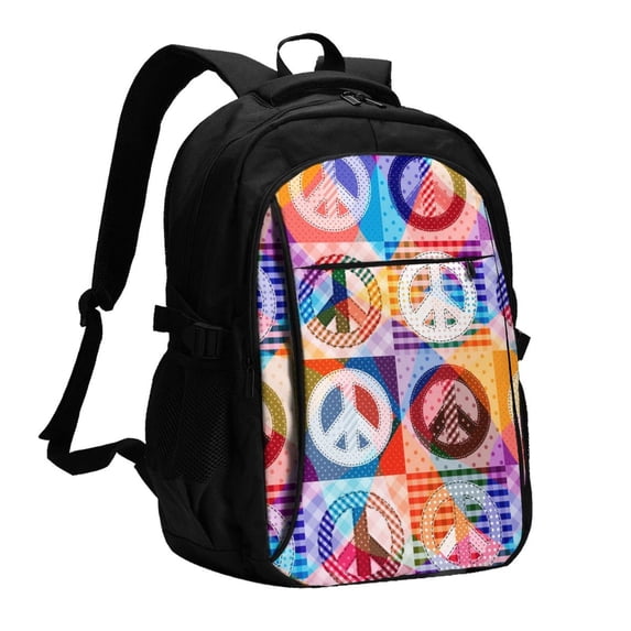 Hippy Peace Sign Hippie Patchwork Laptop Backpack with USB Charging ...