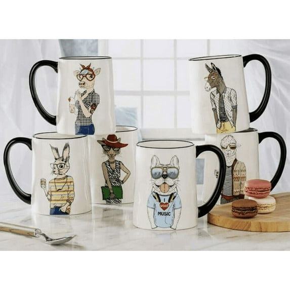 Signature Housewares Hipster Animal 17.5 oz Stoneware Coffee Mugs, 6pc ...