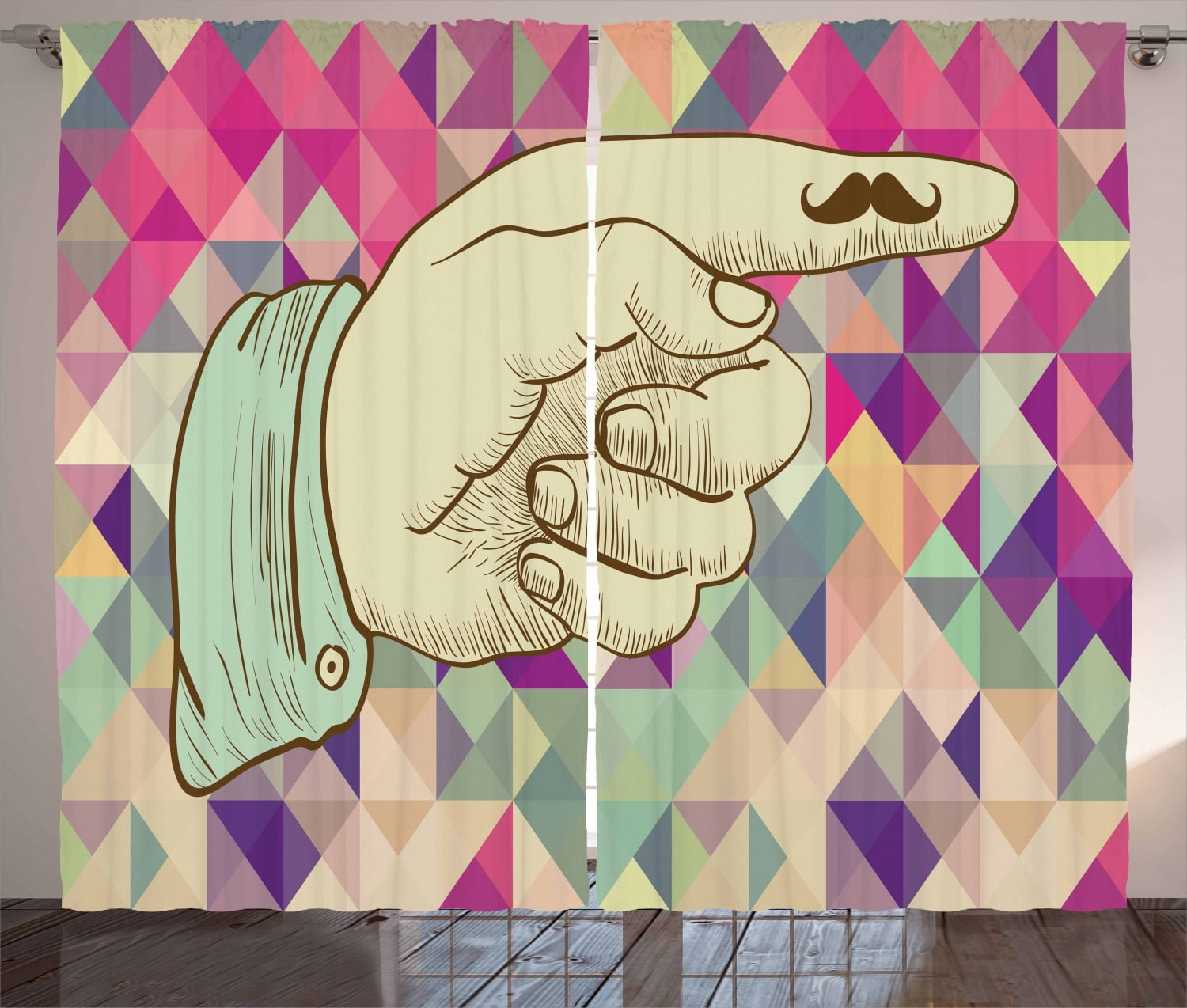 Hipster Curtains 2 Panels Set, Vintage Icons Human Hand with a Mustache ...