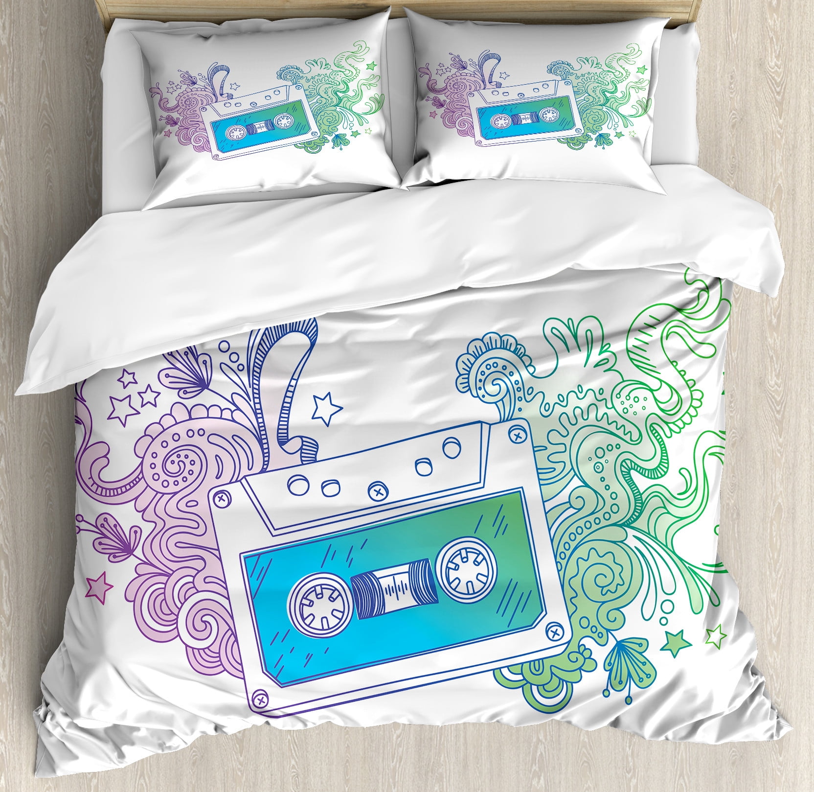 Hipster Duvet Cover Set, Audio Cassette Tape with Line Art Floral ...