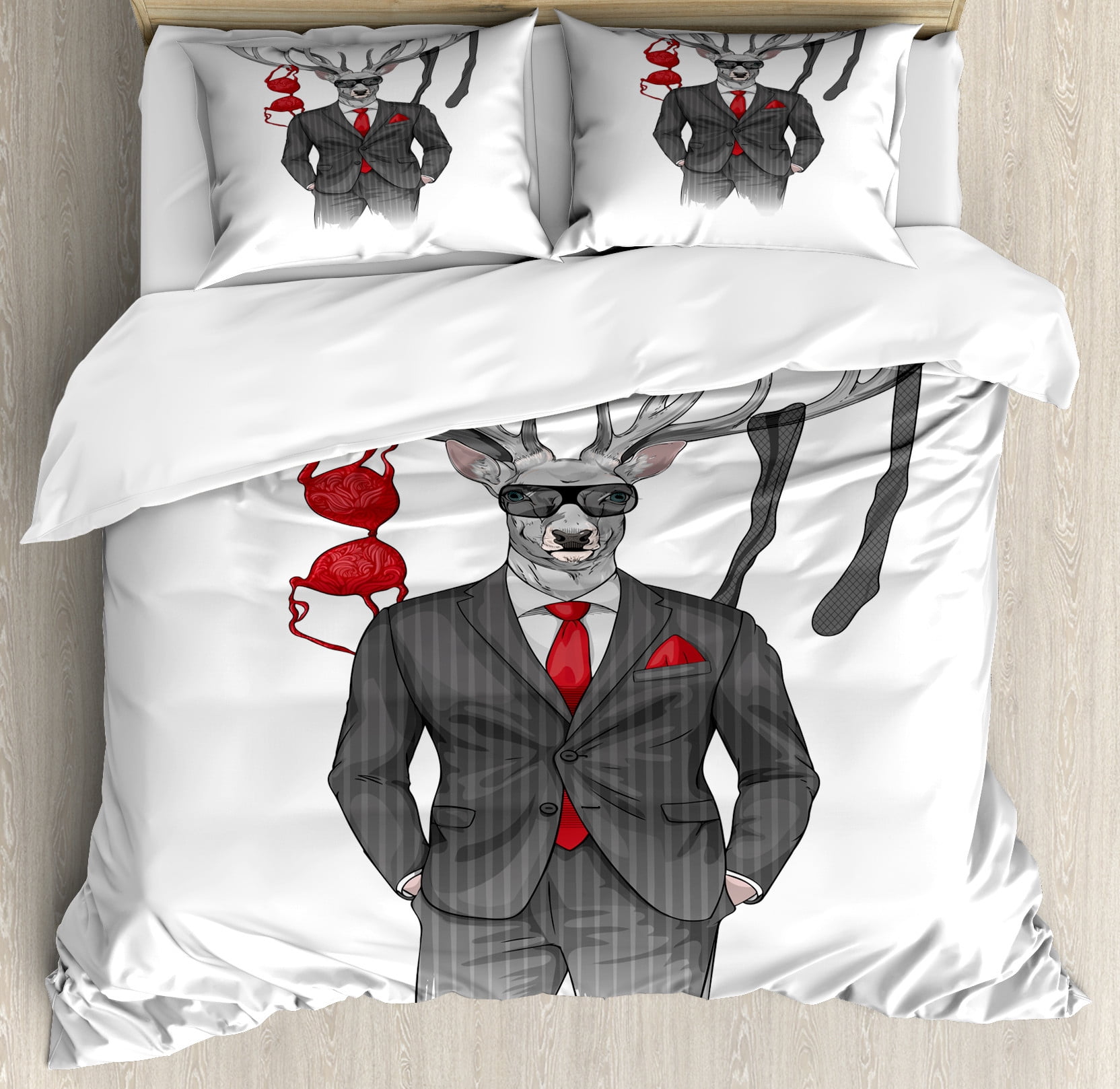 Hipster Duvet Cover Set, Funny Image of Womanizer Deer in Suit with ...