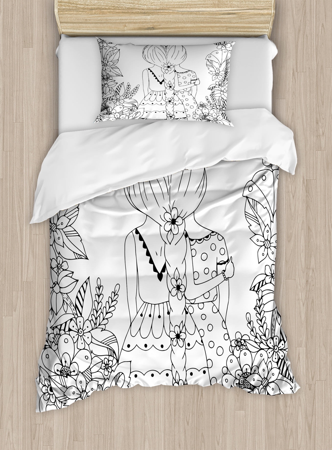 Hipster Duvet Cover Set, Girlfriends with Conjoined Ponytails Hugging ...