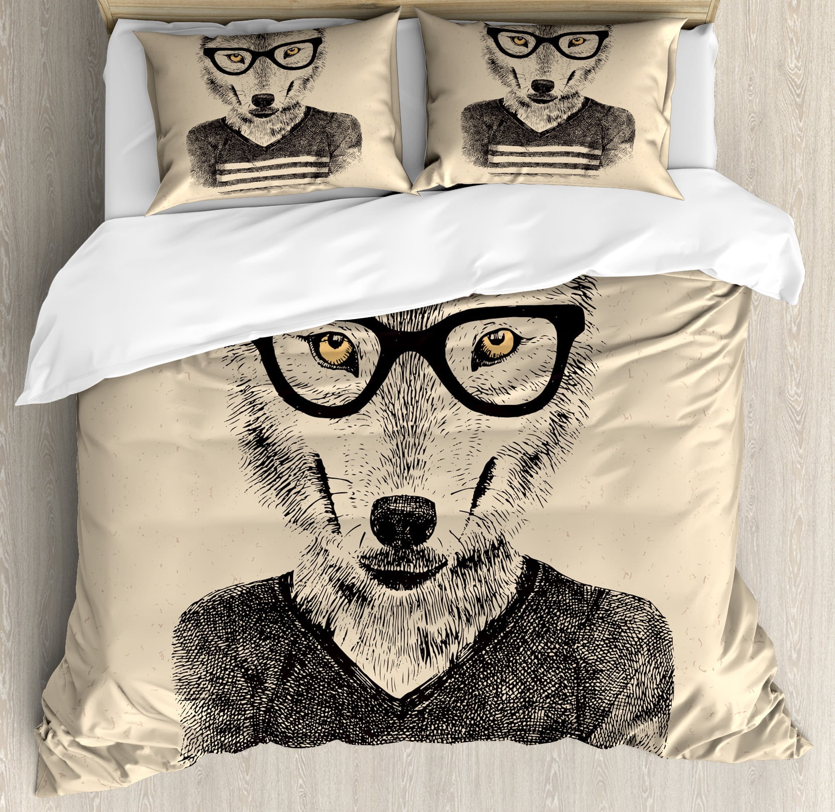 Hipster Duvet Cover Set, Hand Drawn Design Portrait of Happy Wolf in ...