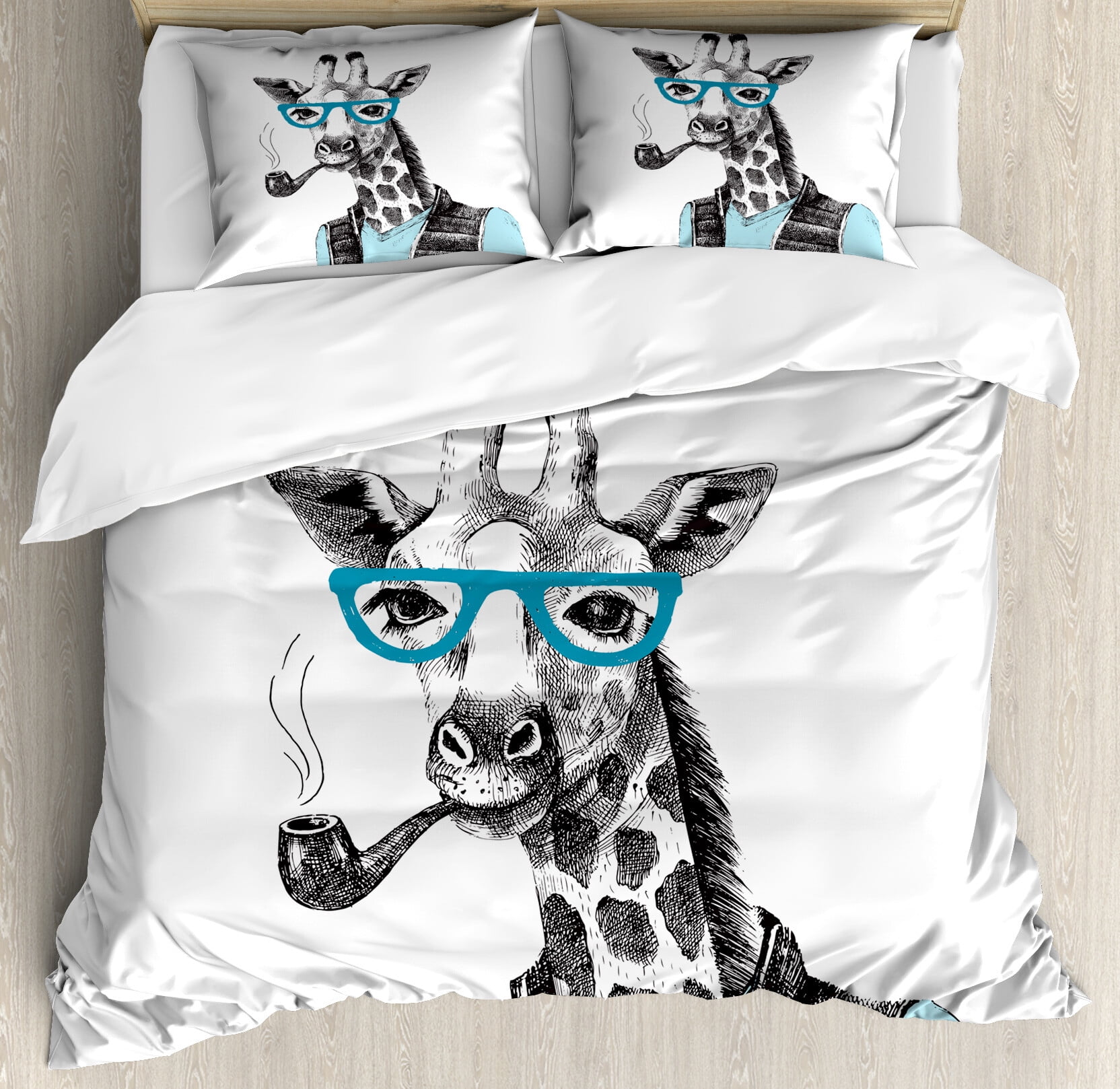 Hipster Duvet Cover Set, Hand Drawn Funny Giraffe with Glasses Vest ...