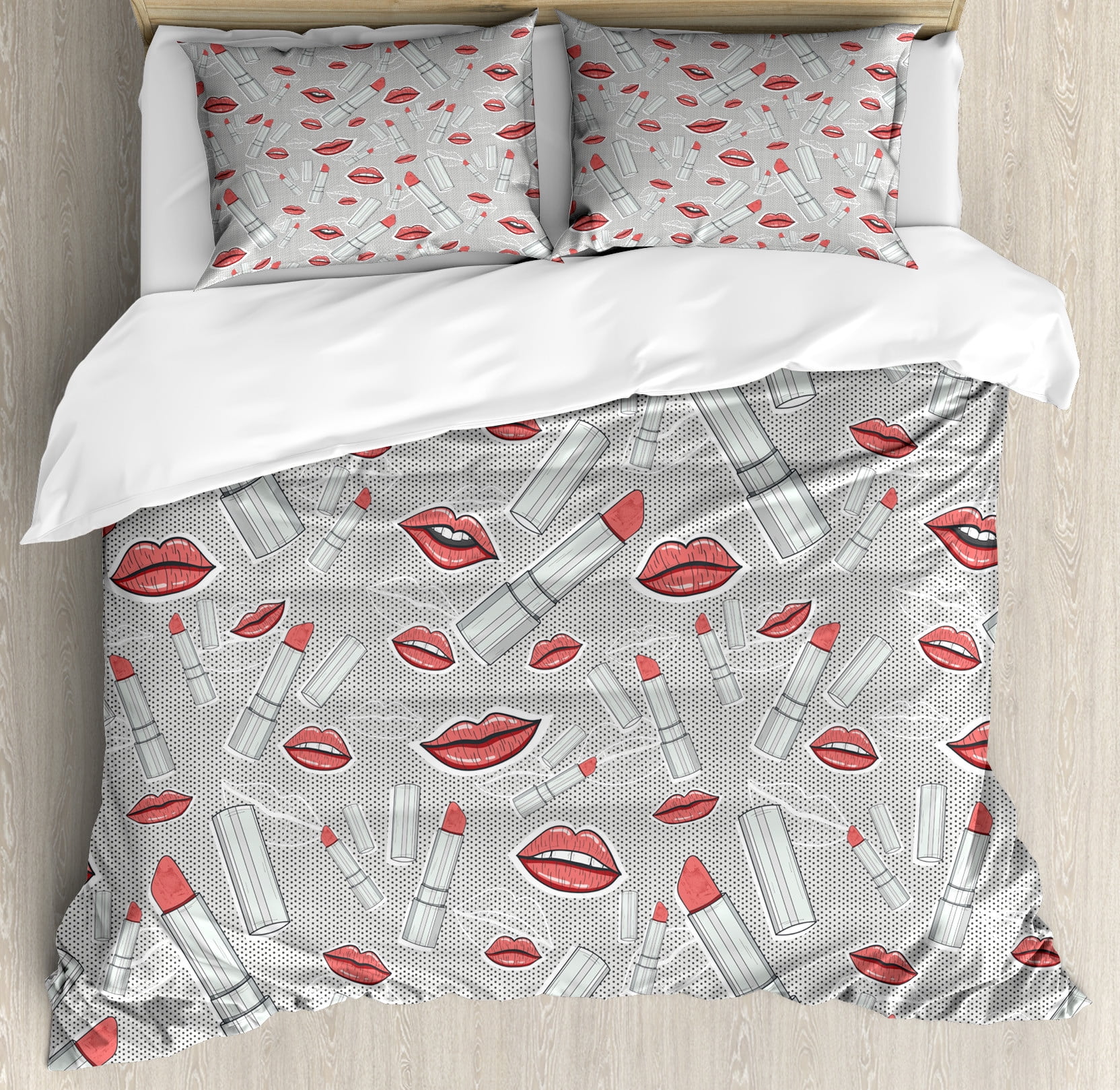 Hipster Duvet Cover Set, Make up Pattern Lips and Lipstick Fashion Girl ...