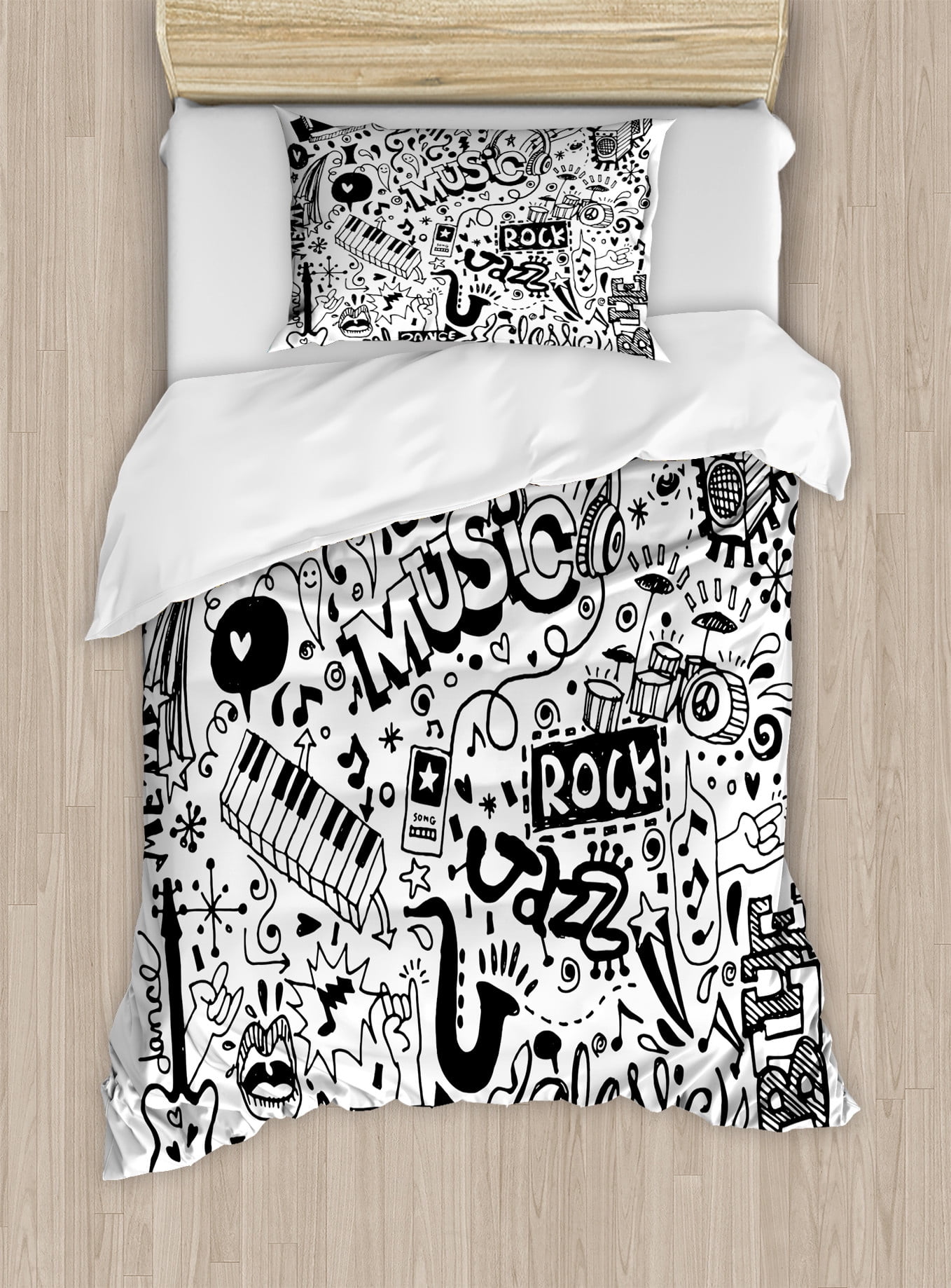 Hipster Duvet Cover Set, Music Themed Motif with Abstract Drawing Rock ...