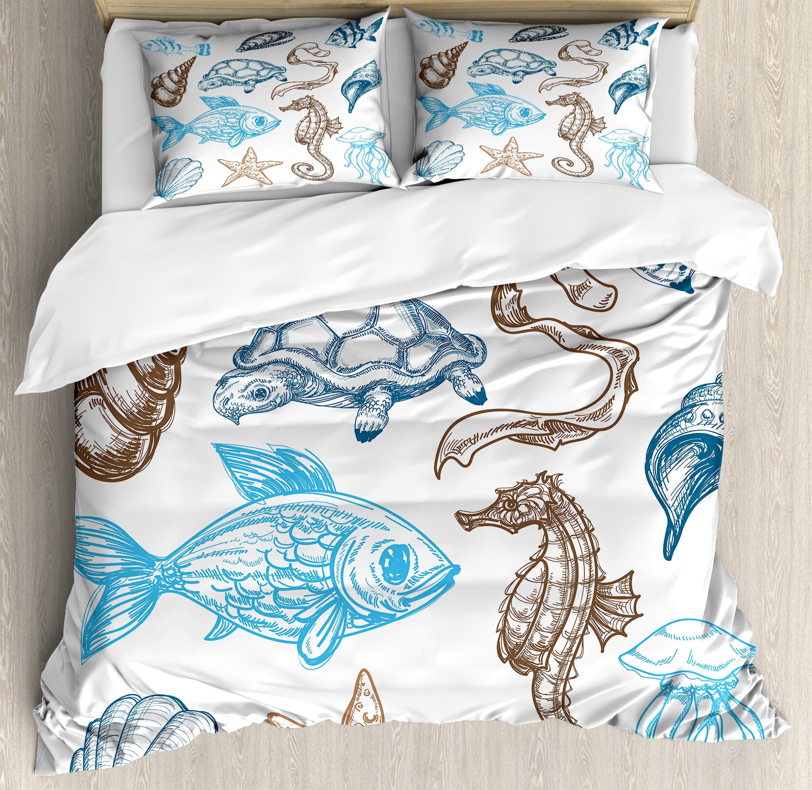 Hipster Duvet Cover Set, Underwater Marine Life Aquatic Fish Shell ...