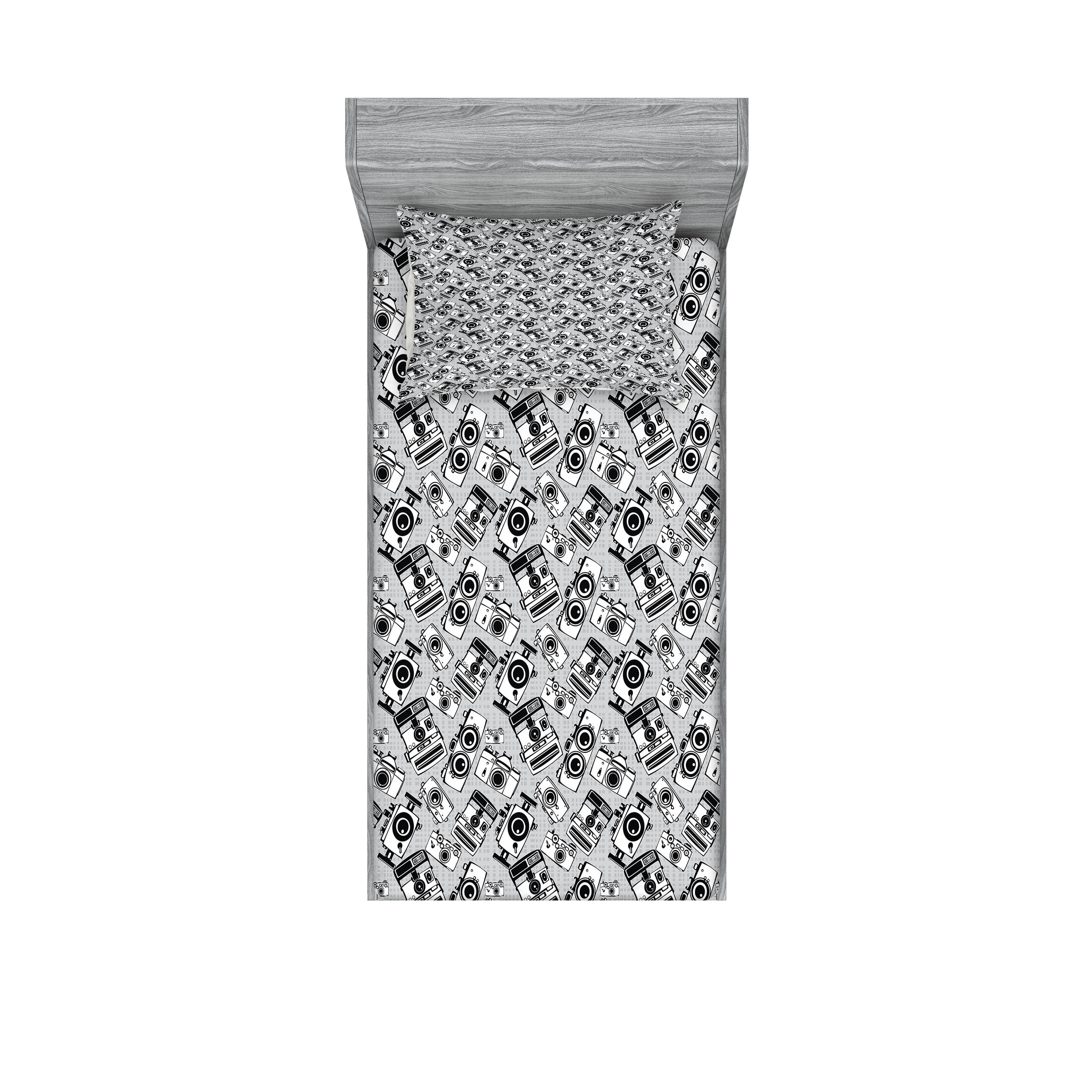 Hipster Fitted Sheet & Pillow Sham Set, Vintage Film Photo Cameras Grayscale Pattern Photography ...