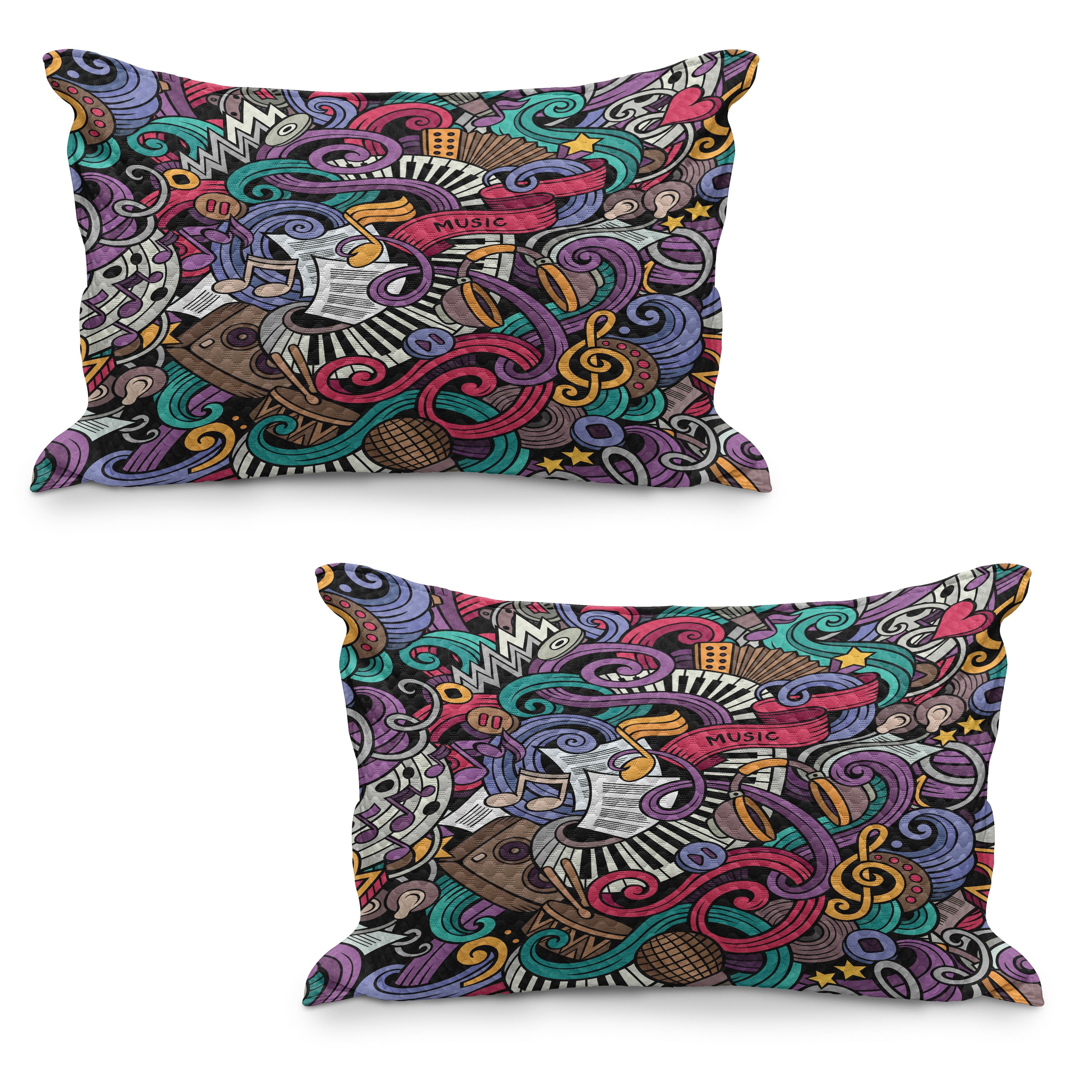 Hipster Quilted Pillowcover Set of 2, Music Themed Hand Drawn Abstract ...