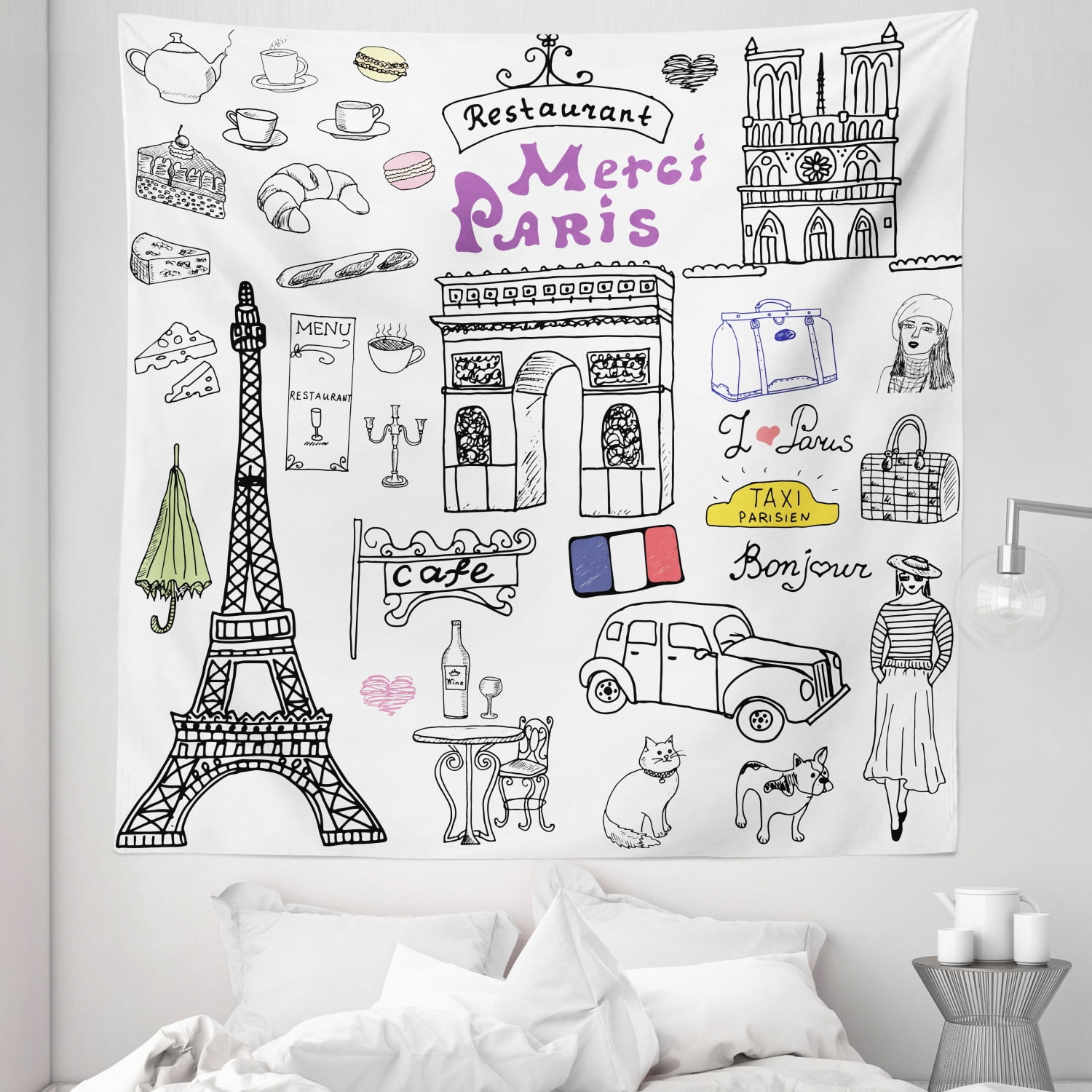 Hipster Tapestry, Paris Culture in Doodle Style Drawing Eiffel Tower ...