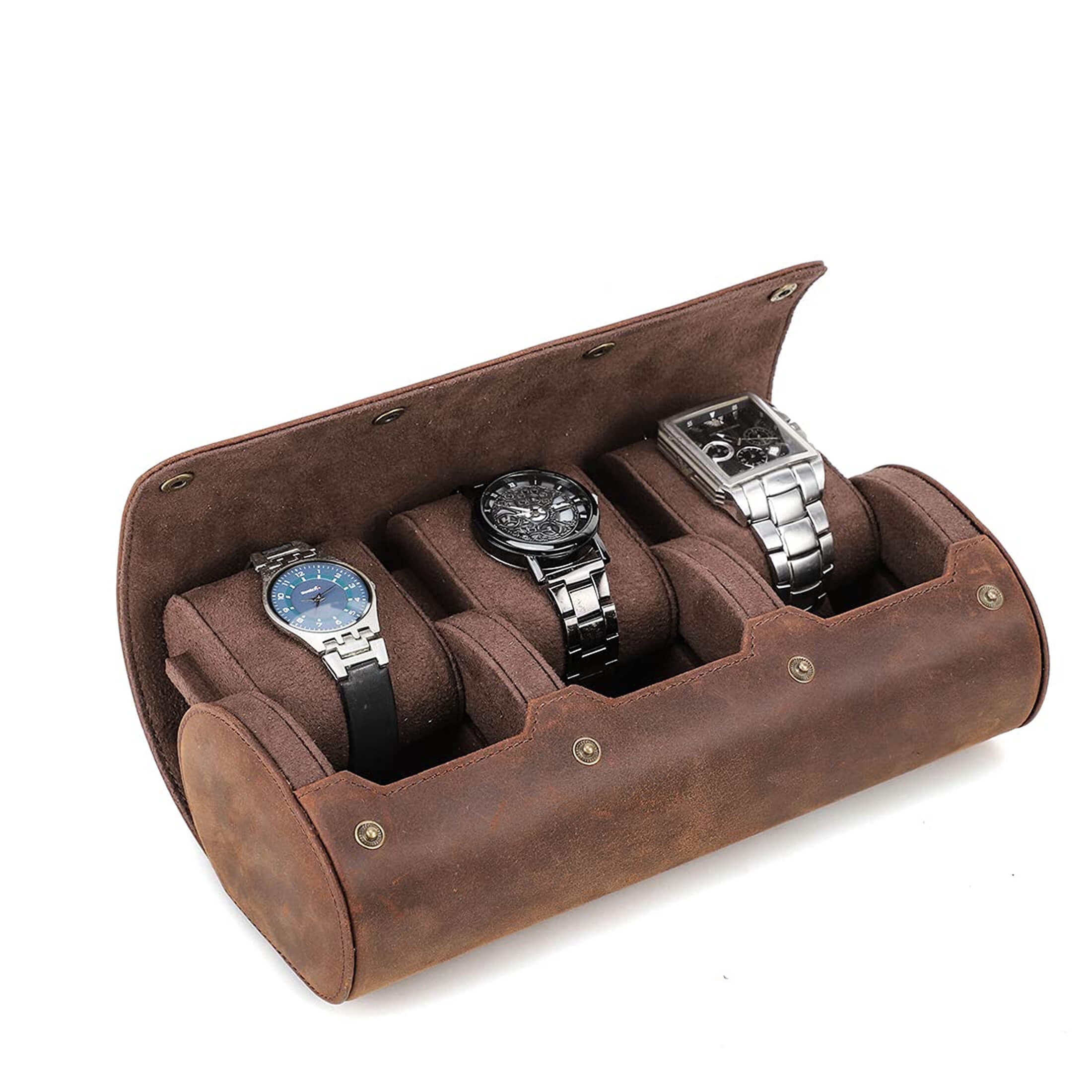 Hiram Crazy Horse Leather Watch Roll Case,Vintage 3-Slots Travel Watch ...