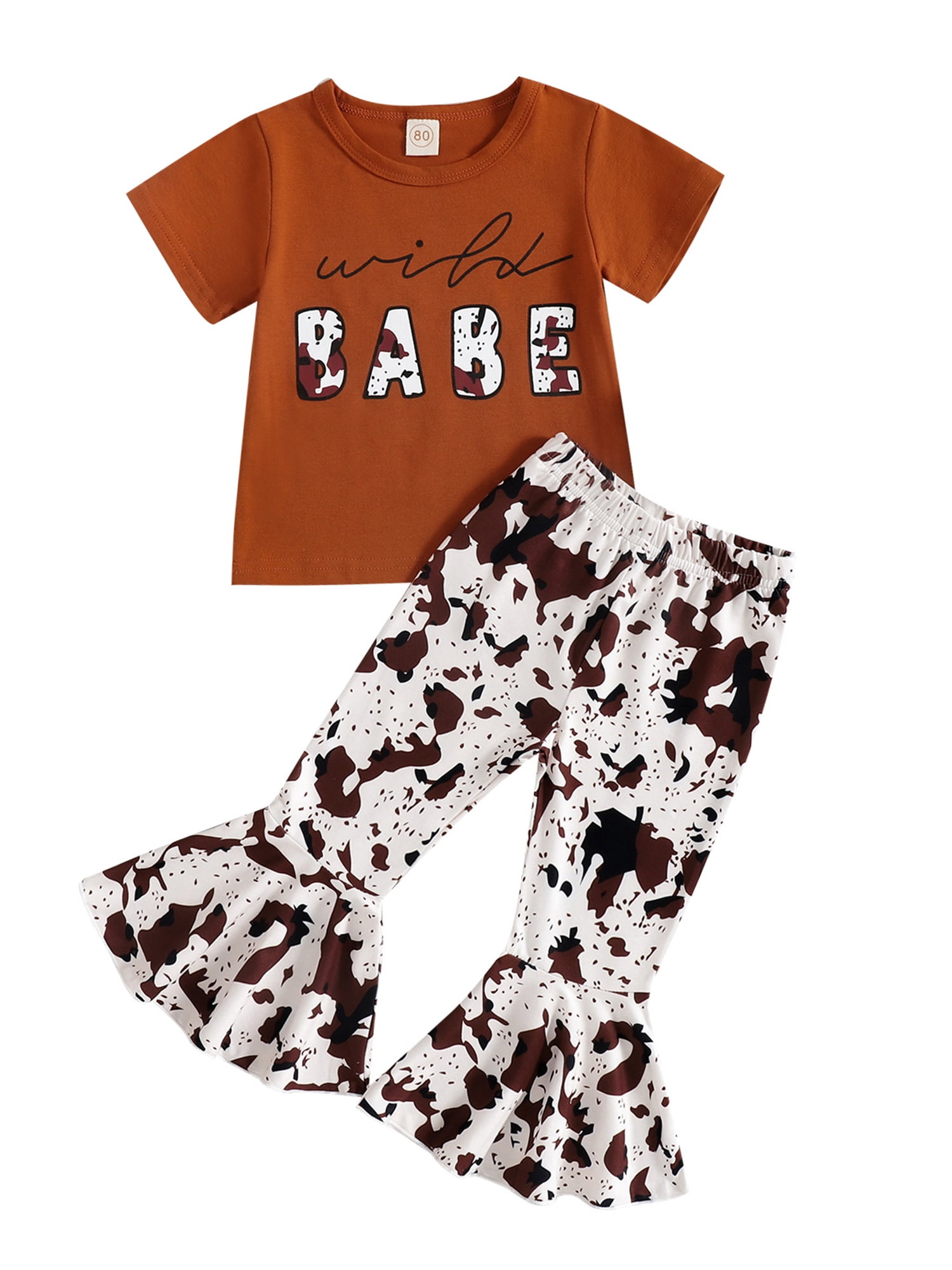 Hirigin Girls' Suit Set, Short-Sleeve Letter Top with Cow Print Flared ...