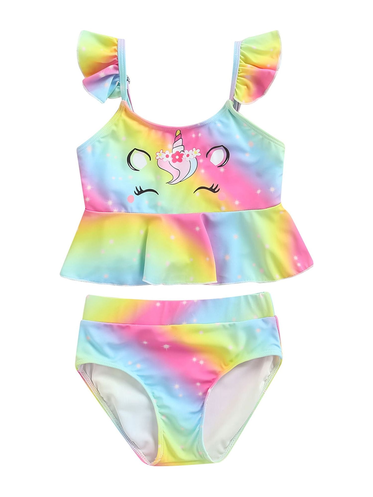 Hirigin Kids Girls Two Piece Swimsuit Fly Sleeve Ruffle Rainbow 2T 3T ...