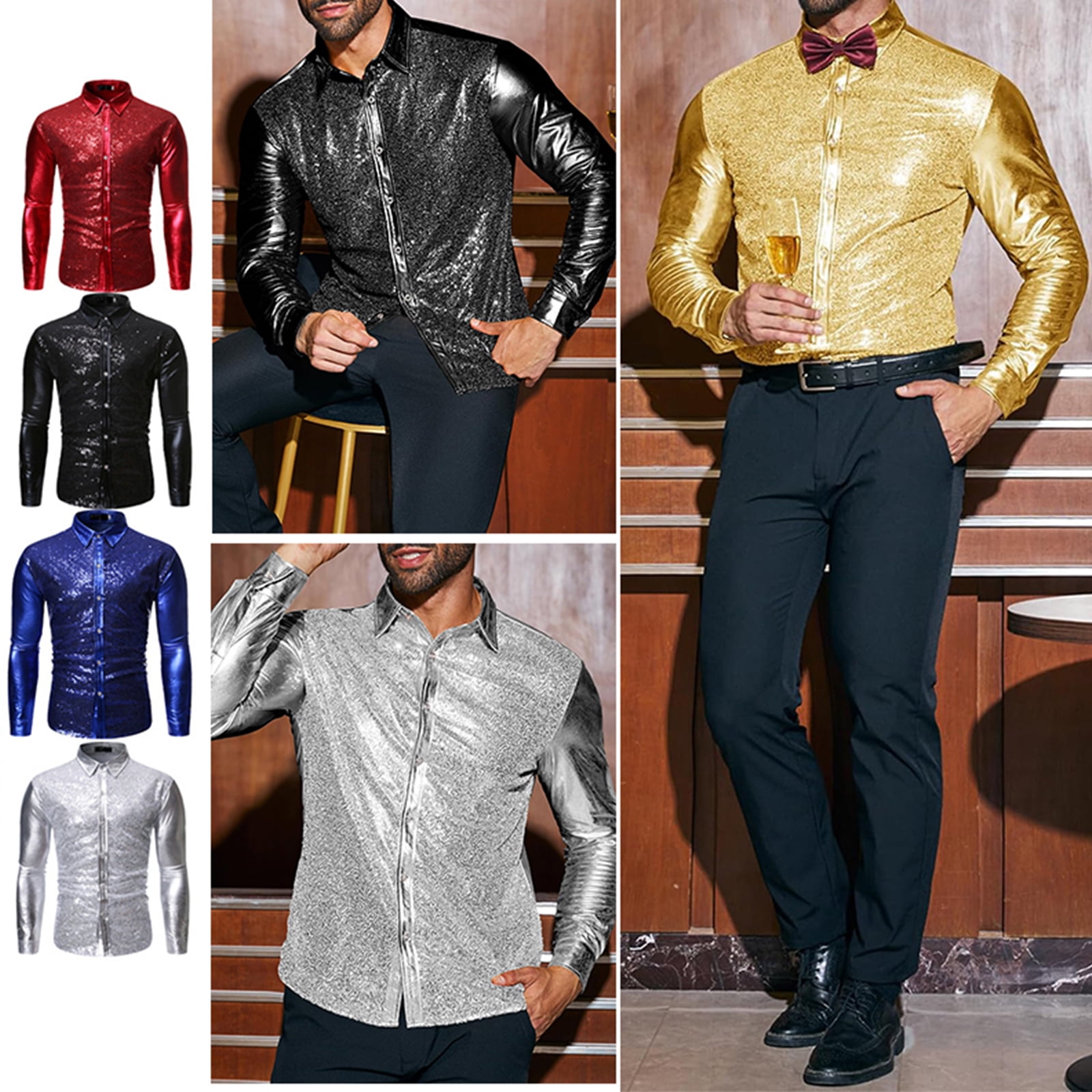 Hirigin Men Dress Shirt Sequins Long Sleeve Button Down Shirt Luxury ...