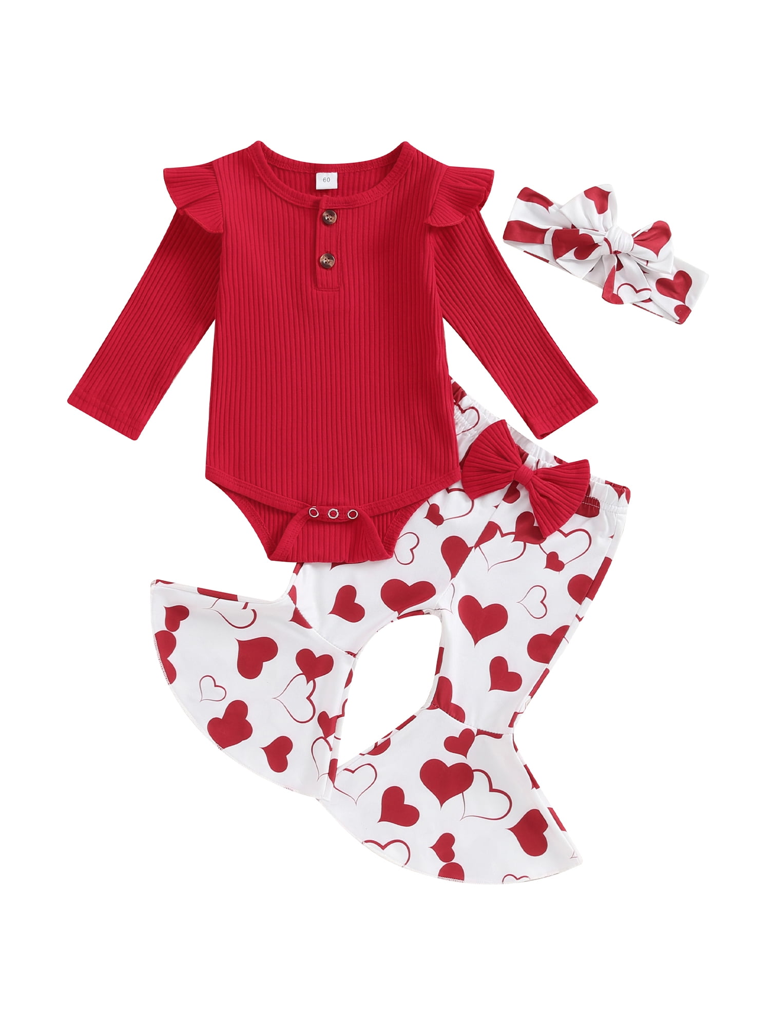 Hirigin Newborn Baby Girl Valentine’s Day Outfits Long Sleeve Ribbed Romper + Heart Flare Pants ...
