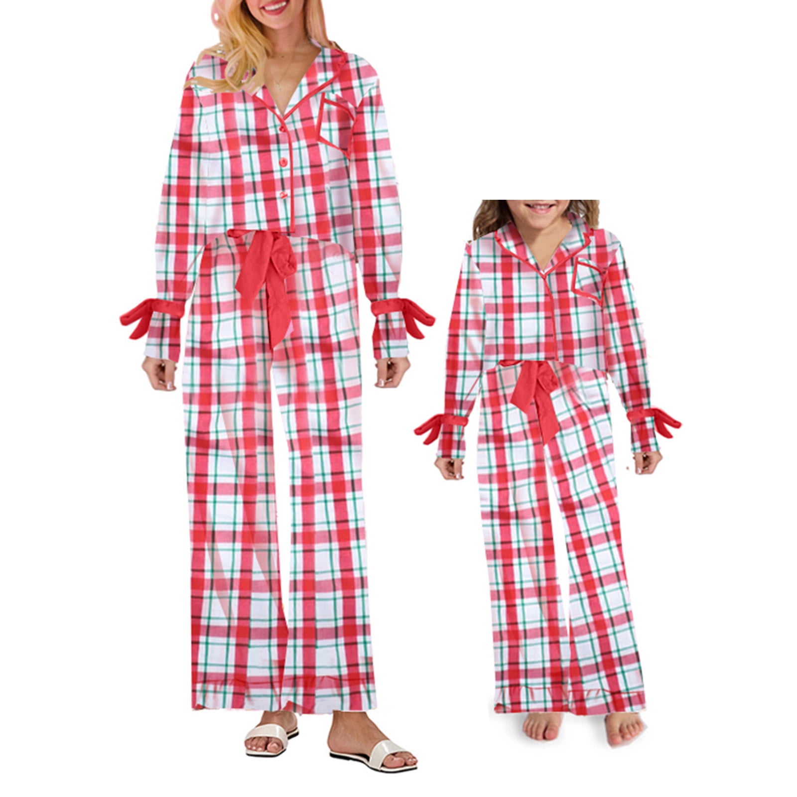 Hirigin Store Mommy and Me Matching Pajamas Plaid Print Lape Long ...