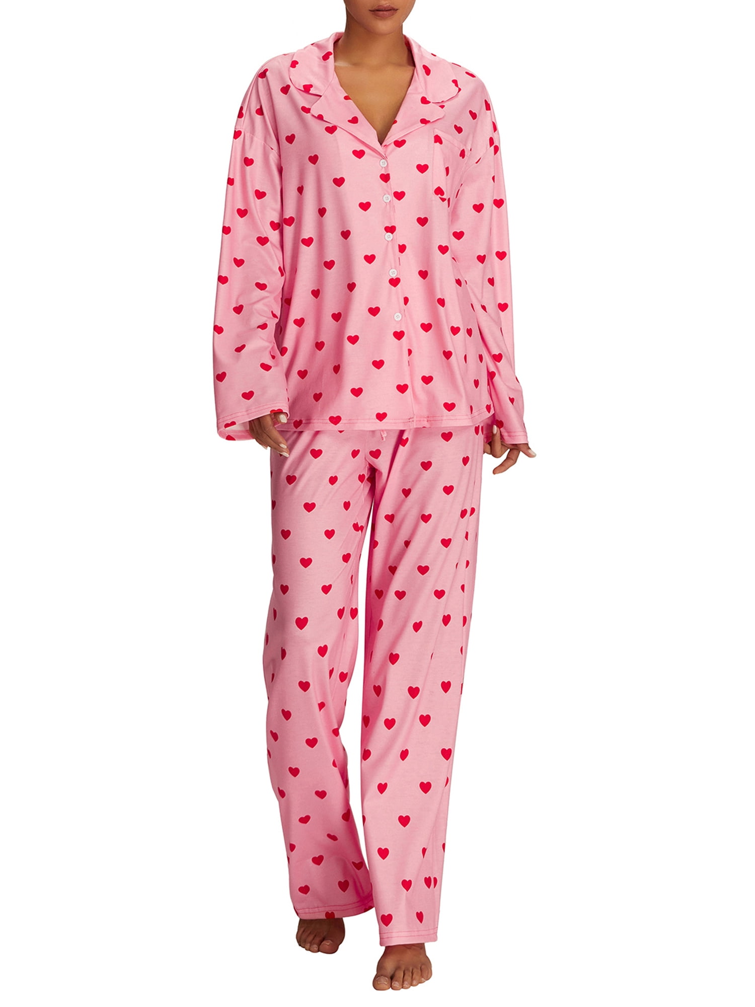 Hirigin Store Women Pajamas Set Notch Collar Soft Sleepwear Heart Print Long Sleeve Button ...