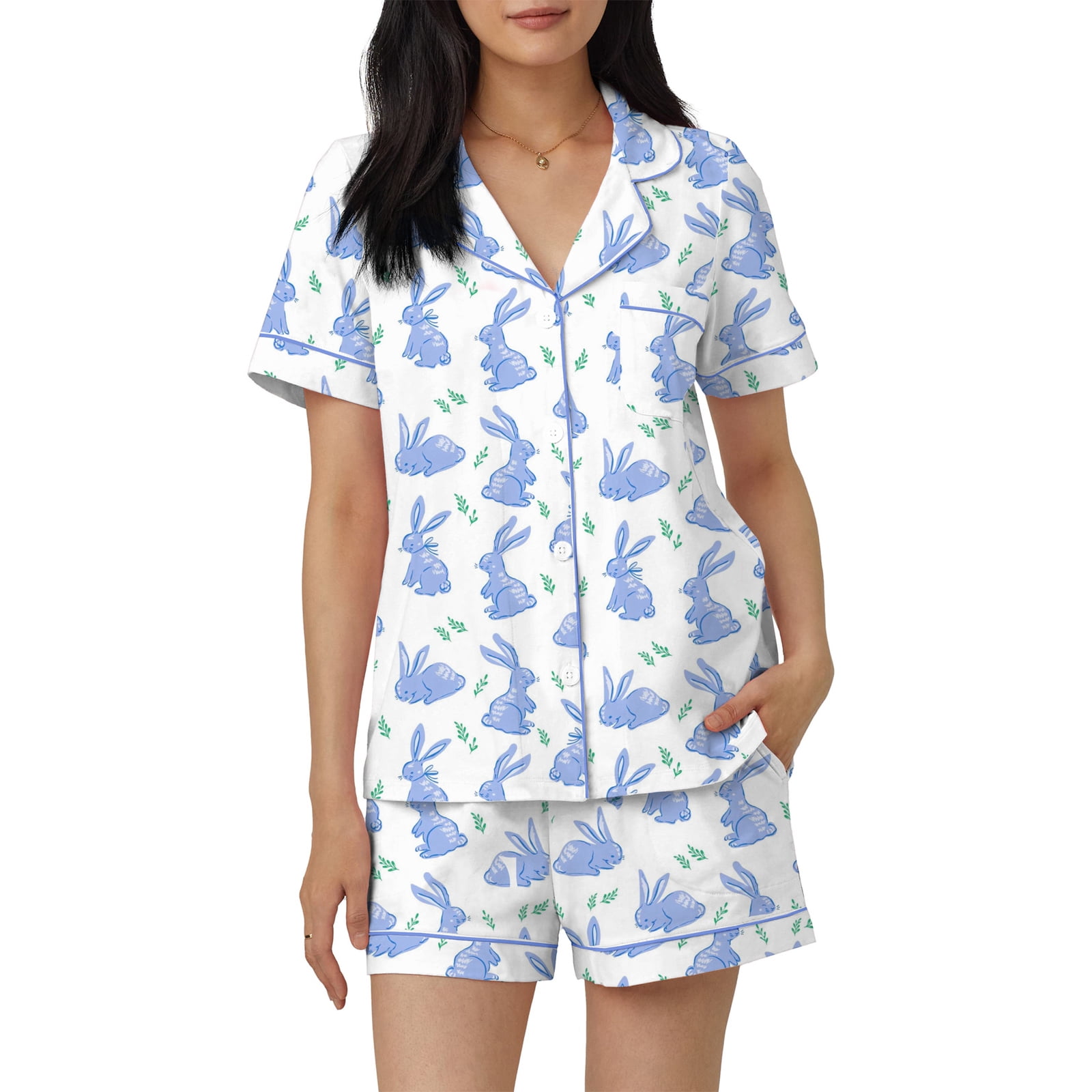Hirigin Women Easter Pajamas Set Bunny Print Short Sleeve Button Down ...