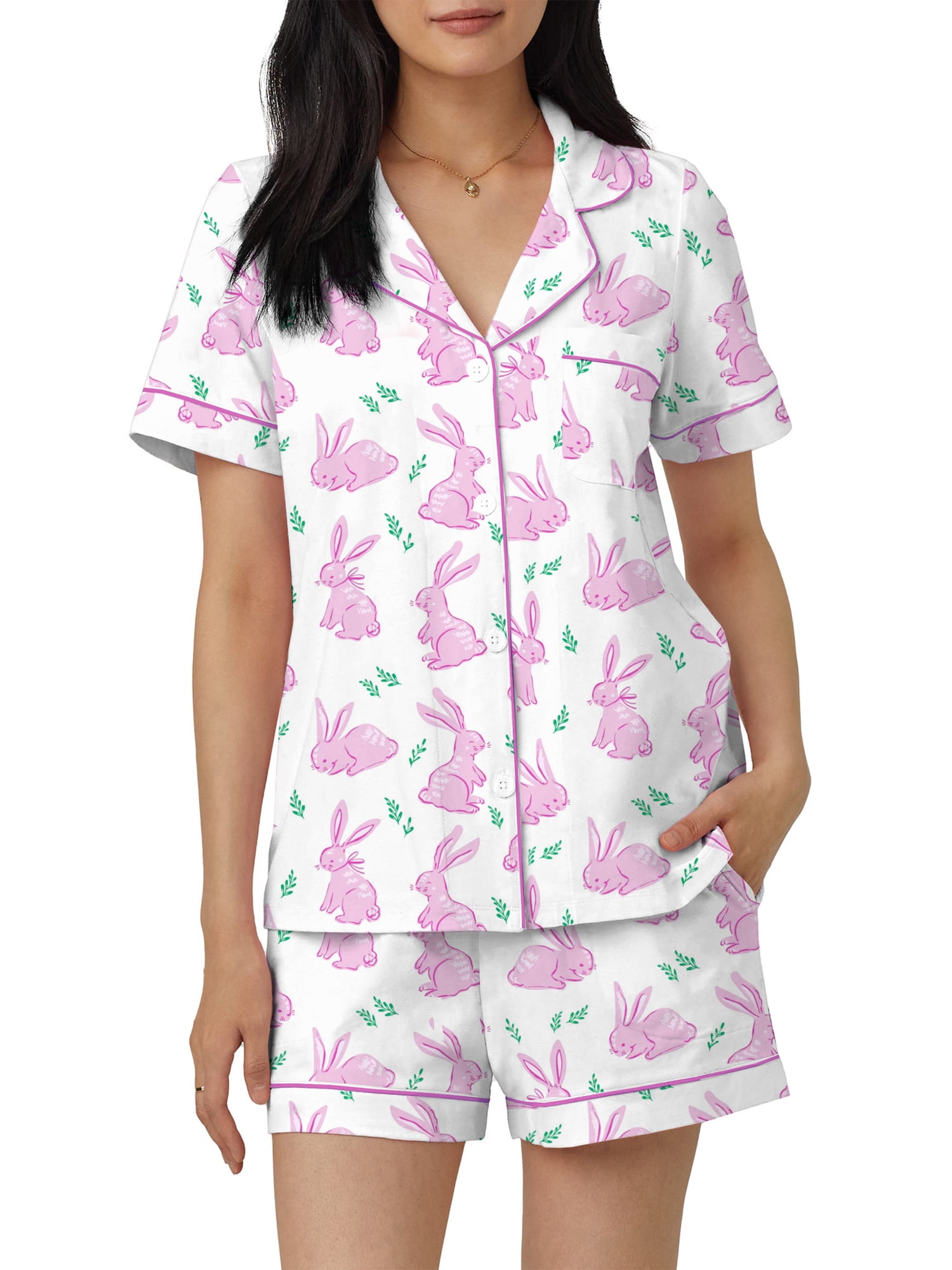 Hirigin Women Easter Pajamas Set Bunny Print Short Sleeve Button Down ...
