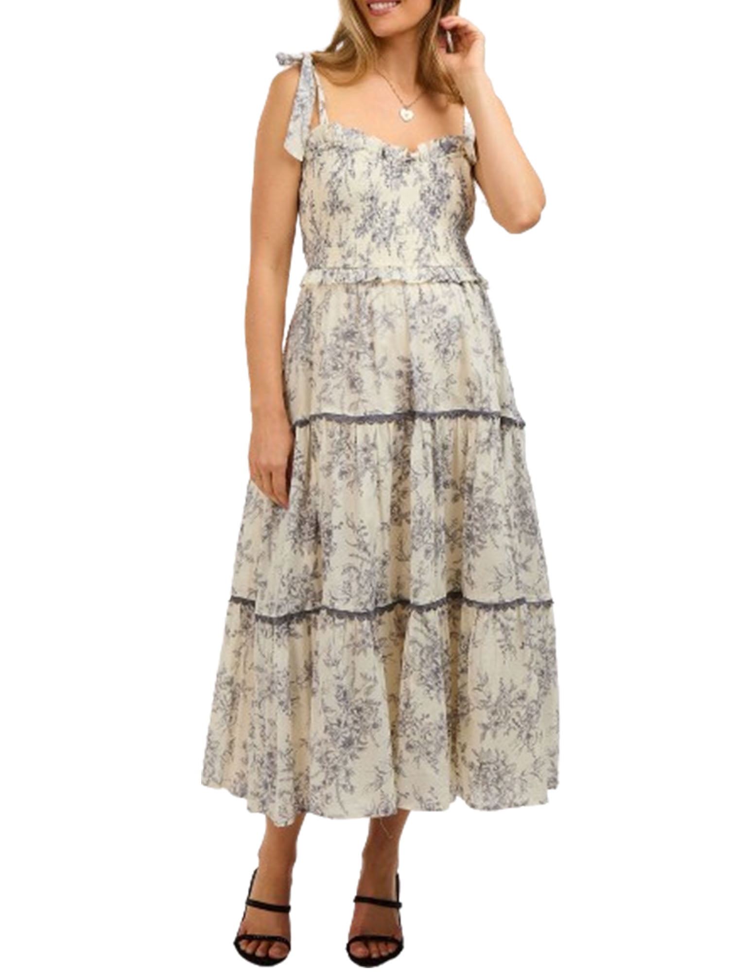 Hirigin Women Floral Boho Maxi Dress Tie Shoulder Sleeveless Smoked ...