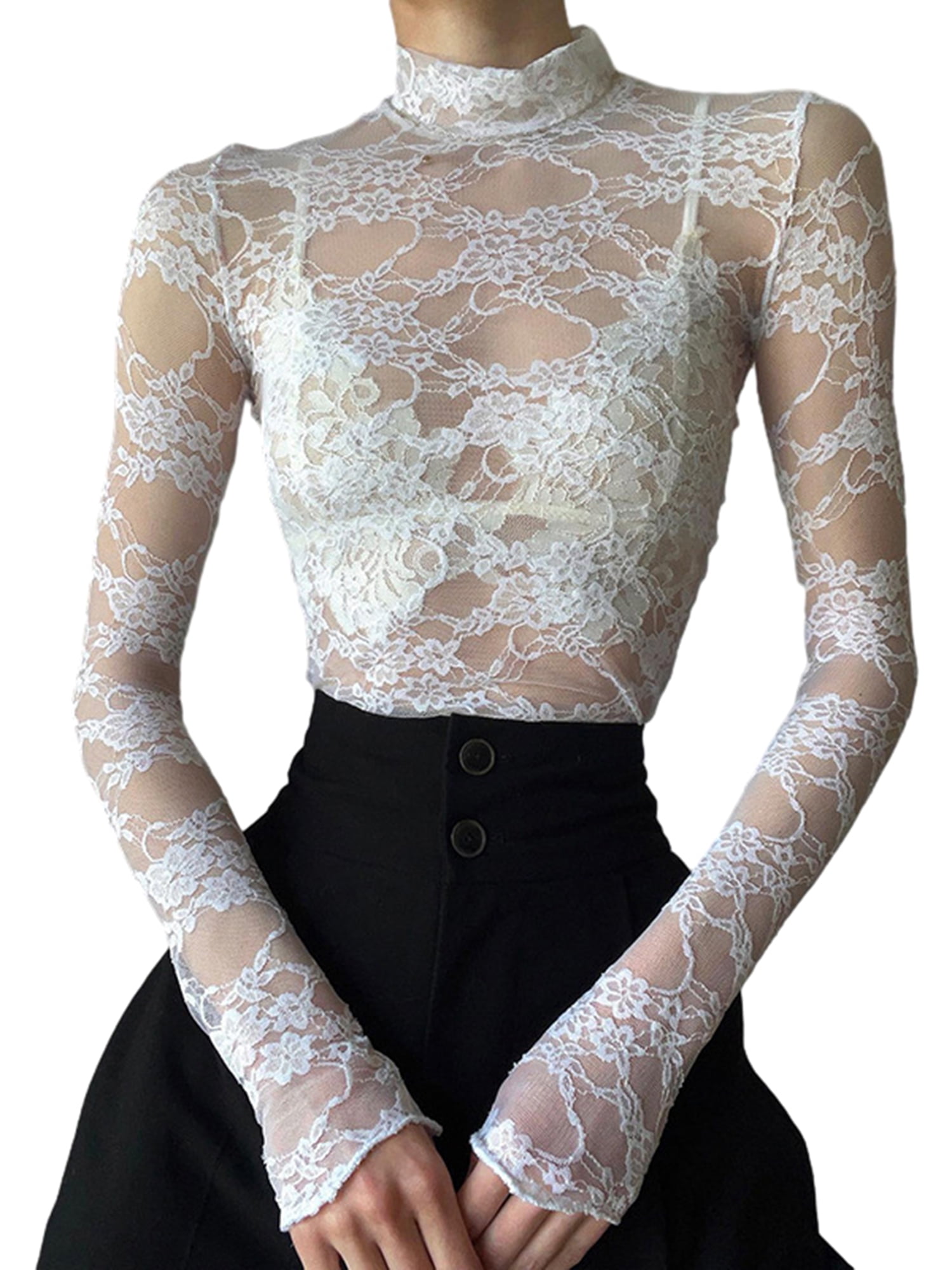 Hirigin Women Long Sleeve Floral Lace Top Turtleneck Sheer Embroidery Slim Shirt Sexy See