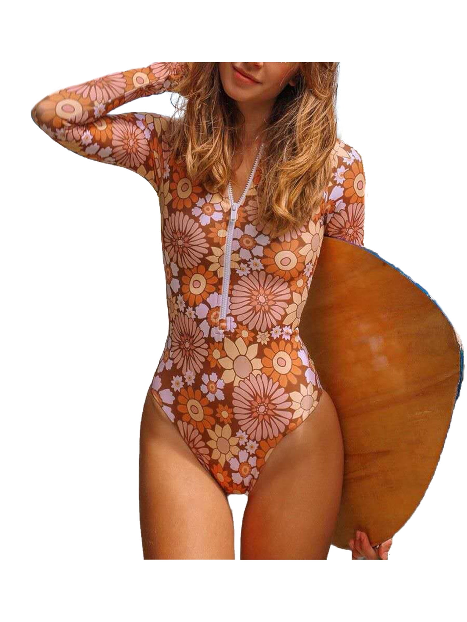 Hirigin Women Long Sleeve Floral Print Swimsuits Rash Guard One Piece