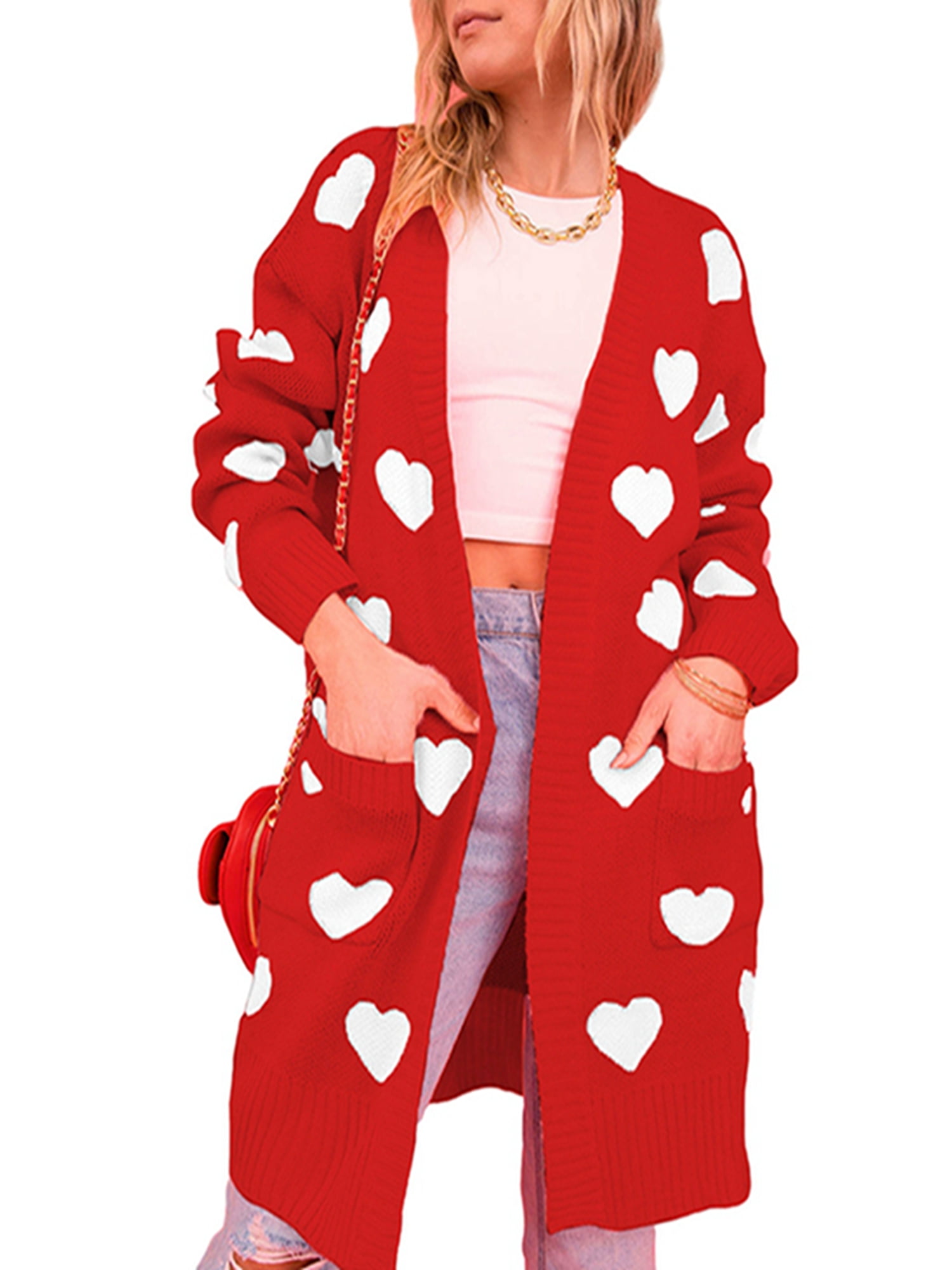 Hirigin Women Open Front Duster Sweaters Heart Print Cardigans with ...