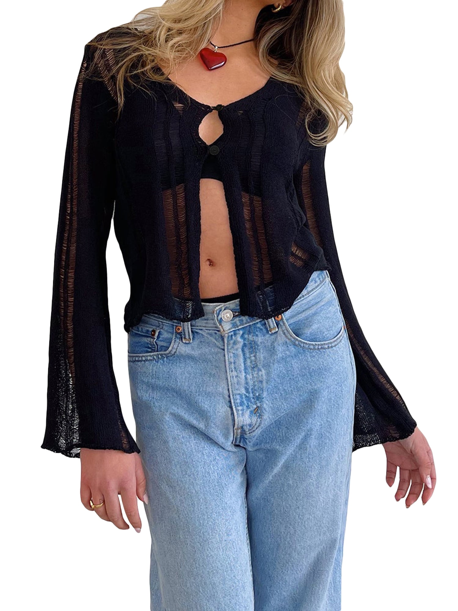 Hirigin Women Sheer Button Up Blouse Sexy Collared Shirts Mesh Flare ...