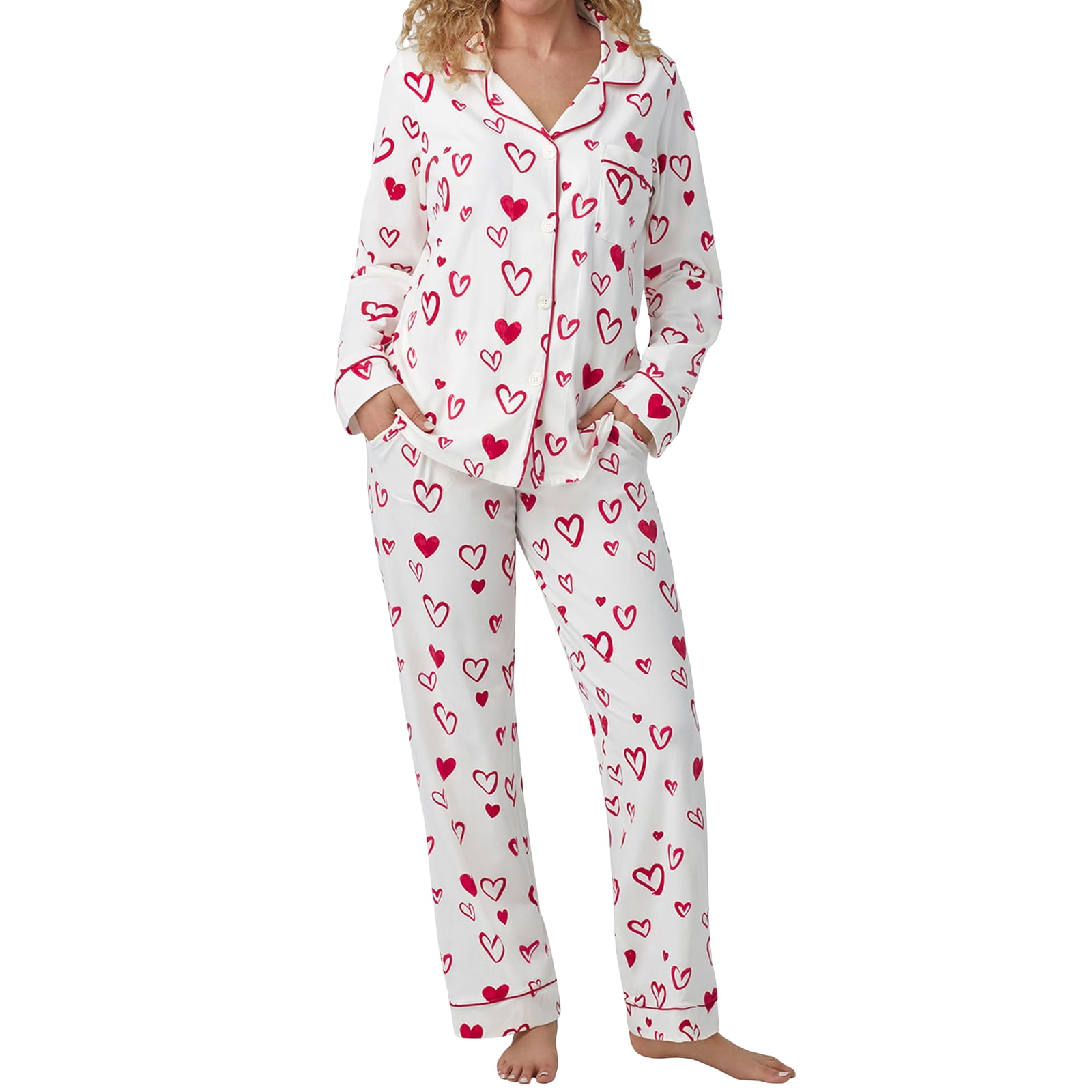 Hirigin Women Valentines Pajama Set Heart Print Long Sleeves Shirt and Elastic Pants 2 Pieces ...