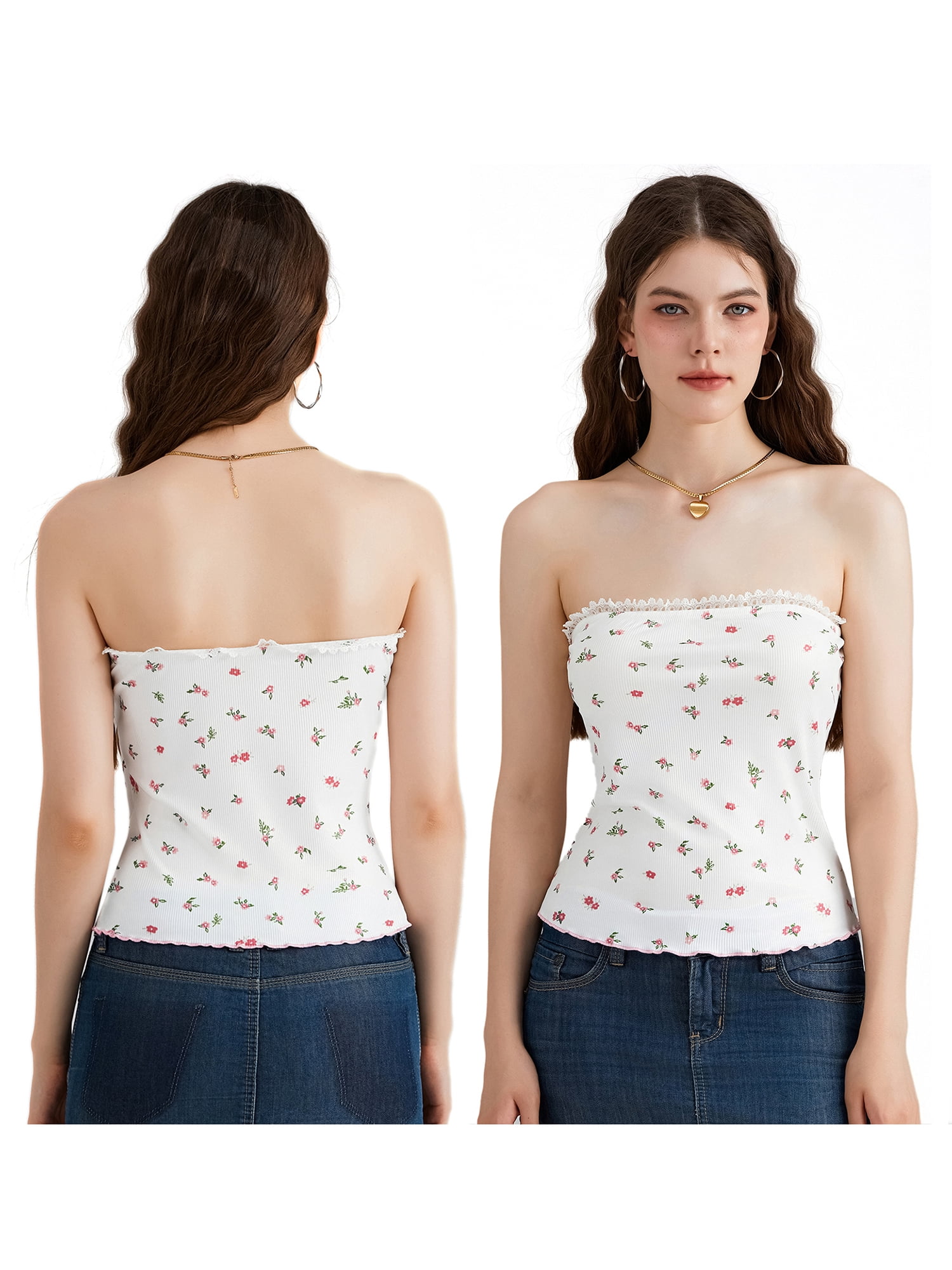 Hirigin Women Y2k Tube Top Ruffle Frill Camisole Cute Floral Print ...