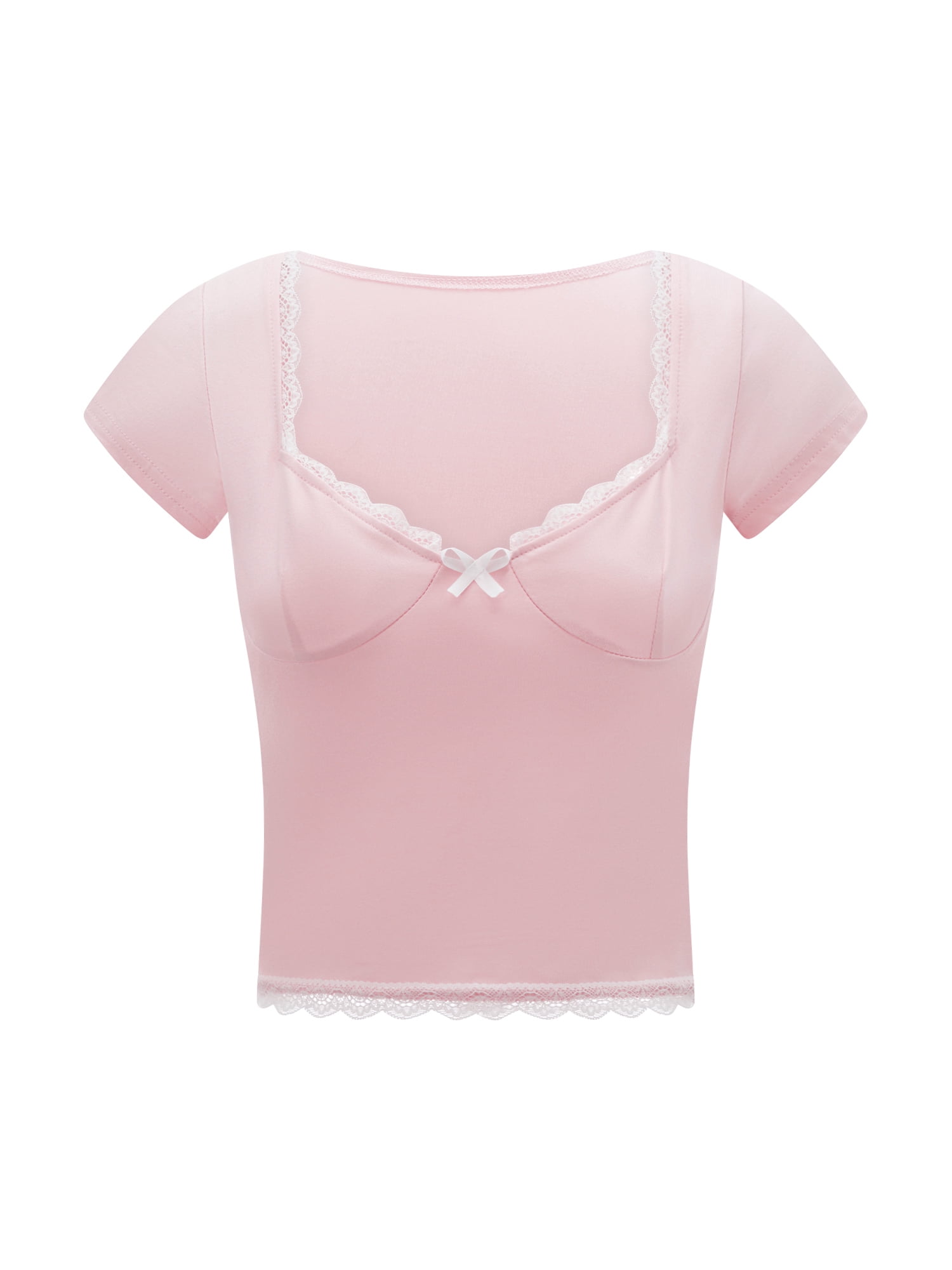 Hirigin Women's Lace Trim Tops Short Sleeve Mini Bow Front Hirigin Women's Lace Trim Tops Short Sleeve Mini Bow Front
