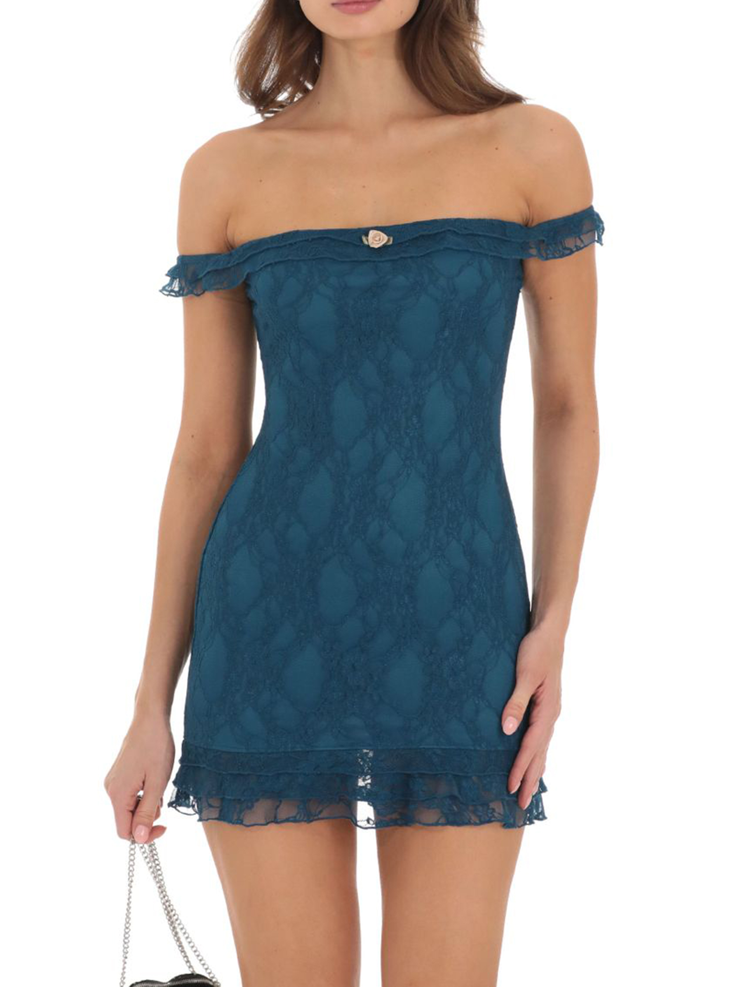 Hirigin Women's Off Shoulder Lace Dress Elegant 3D Rose Ruffle Hem ...