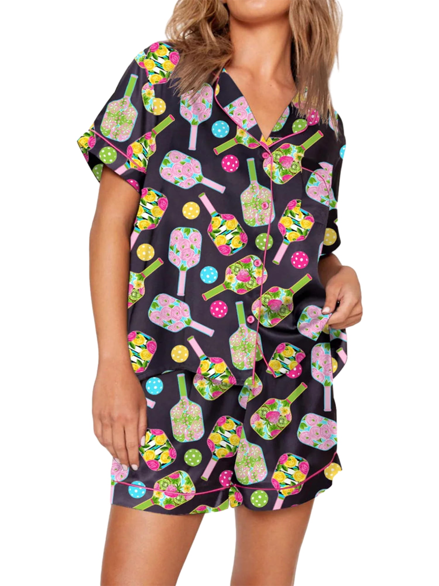 Hirigin Womens Silk Satin Pajamas Short Sleeve Cartoon Print Loungewear Two-Piece Sleepwear ...