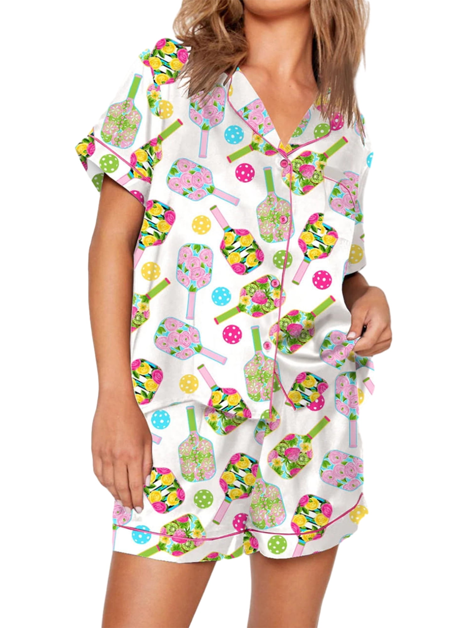 Hirigin Womens Silk Satin Pajamas Short Sleeve Cartoon Print Loungewear Two-Piece Sleepwear ...